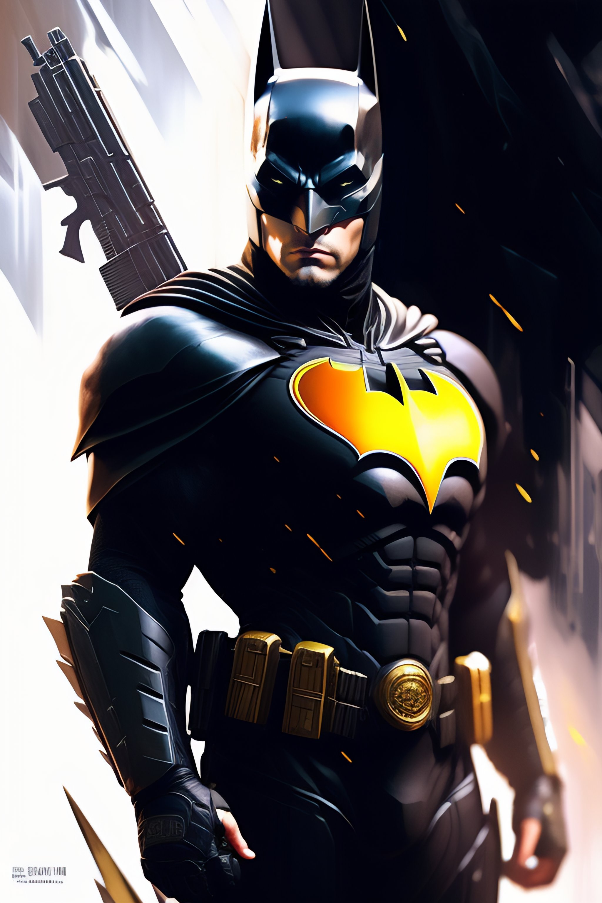 Lexica - Batman wearing metal gear armor holding gun dramatic lighting ...