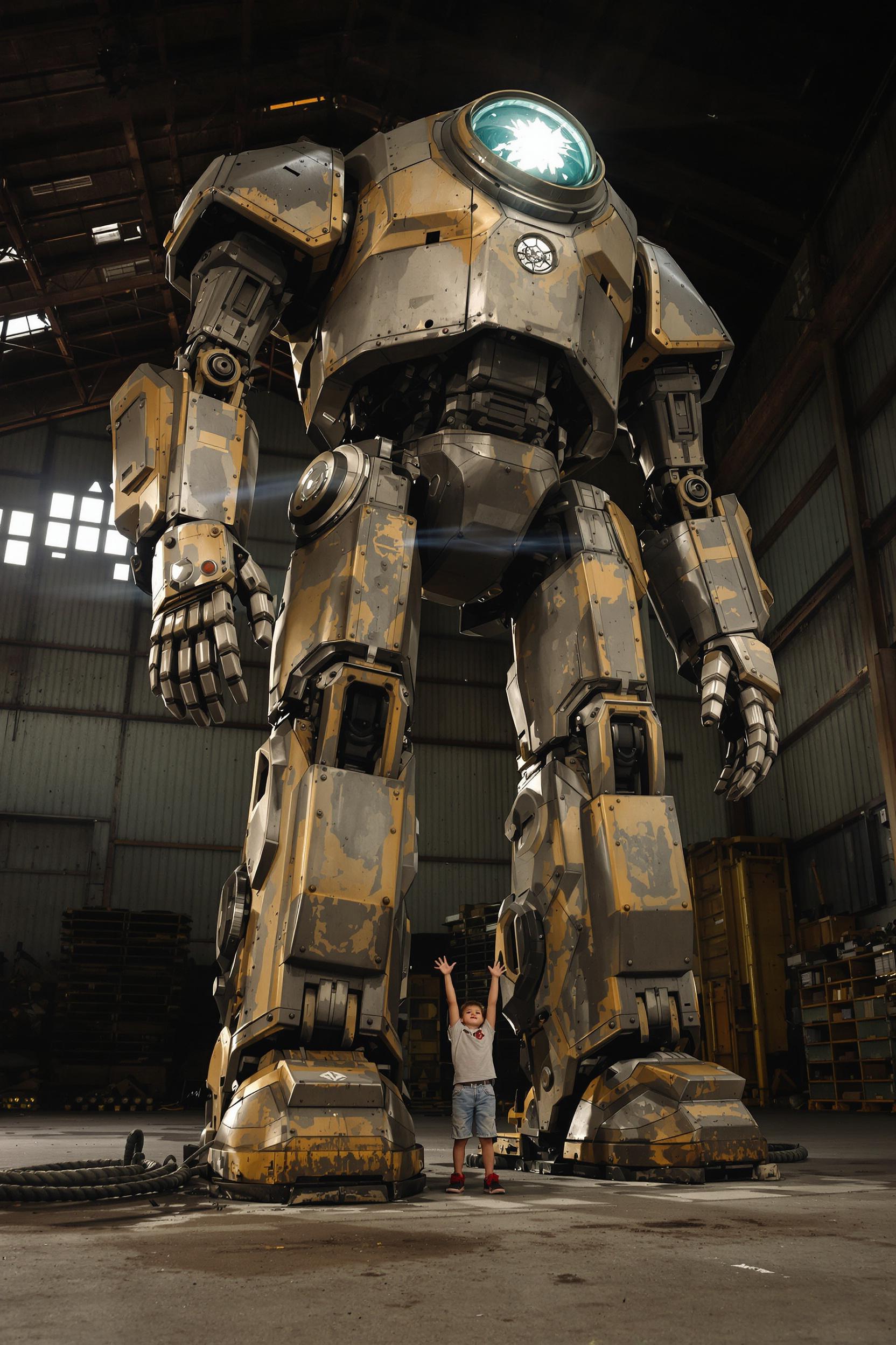 Lexica - 4-year-old boy, with a huge old and rusty robot, hugging. Dark ...