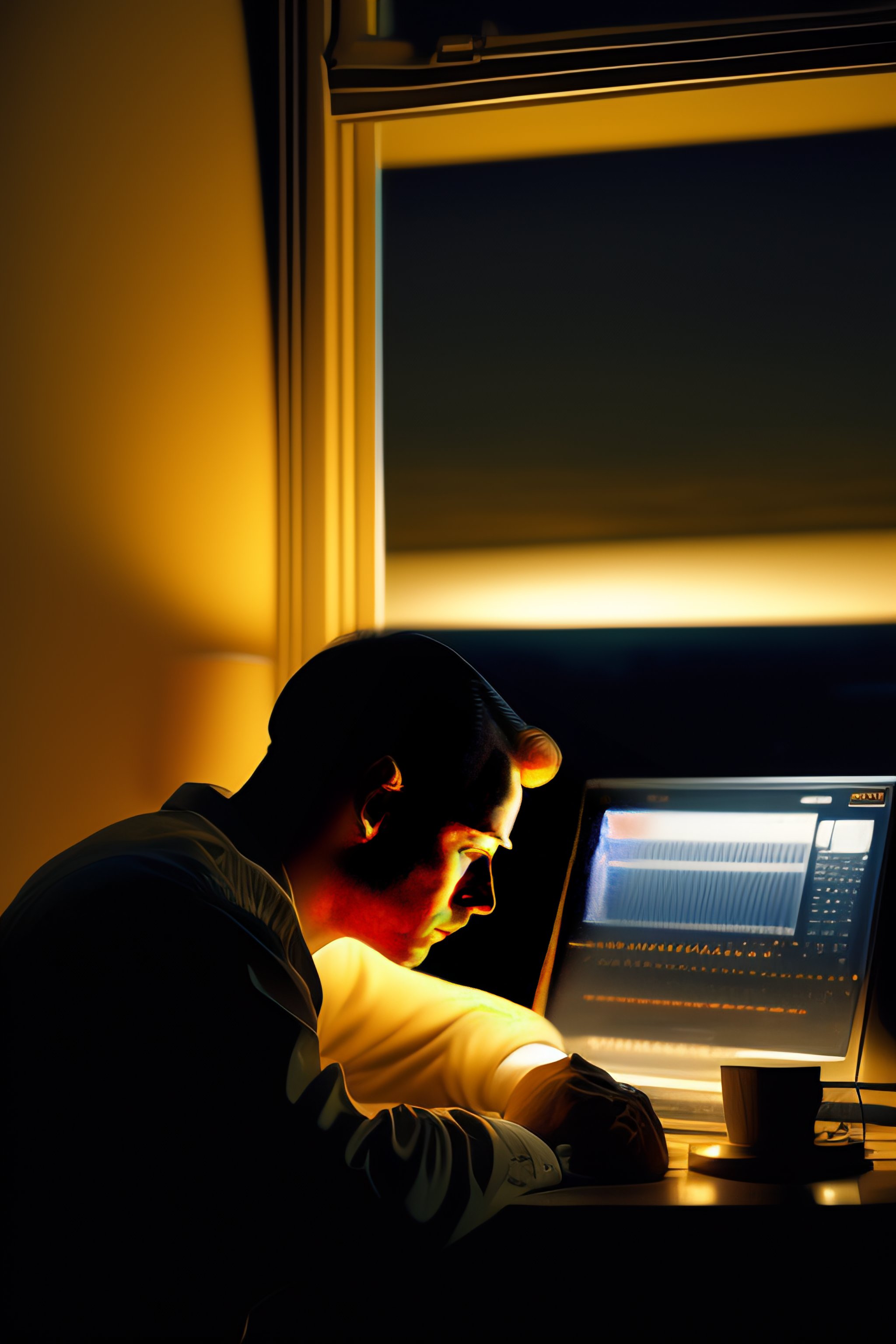 Lexica - Image of a man working on a computer in a sparse room at night ...