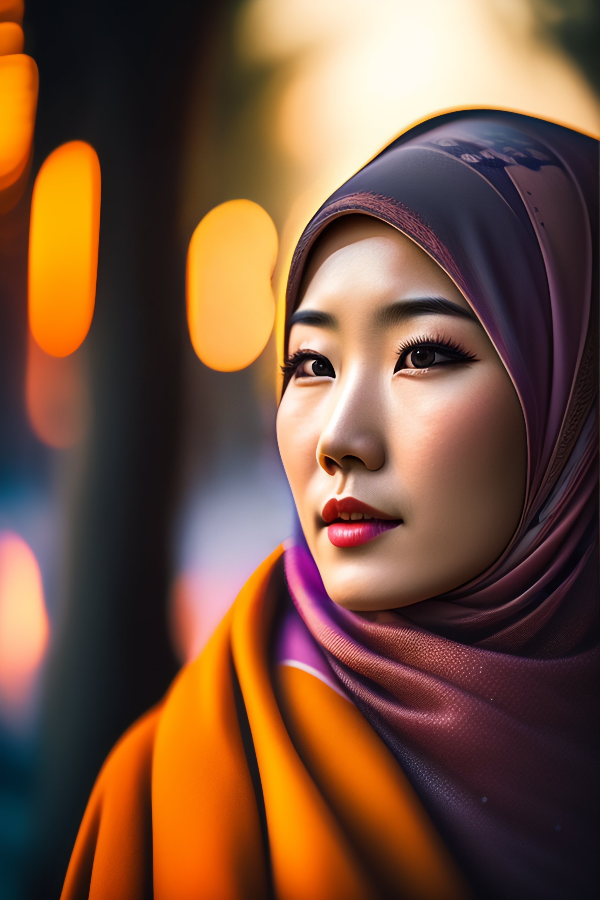 Lexica - Highly detailed korean women wearing a hijab, 50 mm portrait, bokeh, sharp, 4k