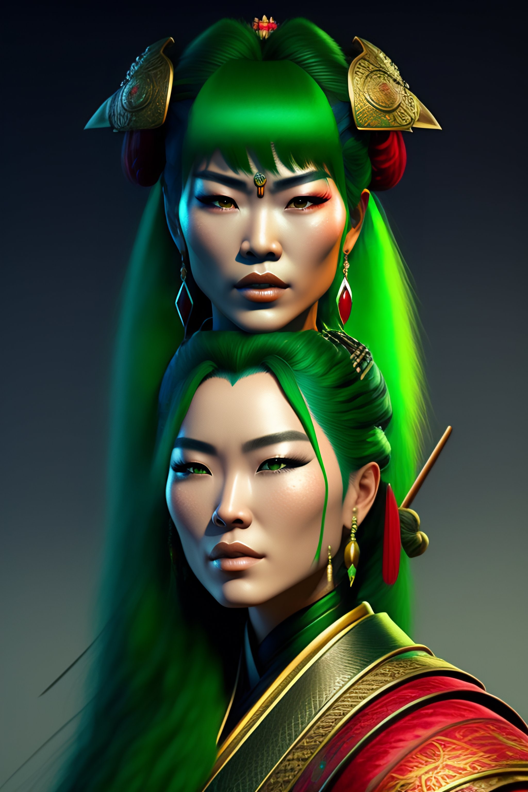 Lexica - Samurai woman with green hair realistic
