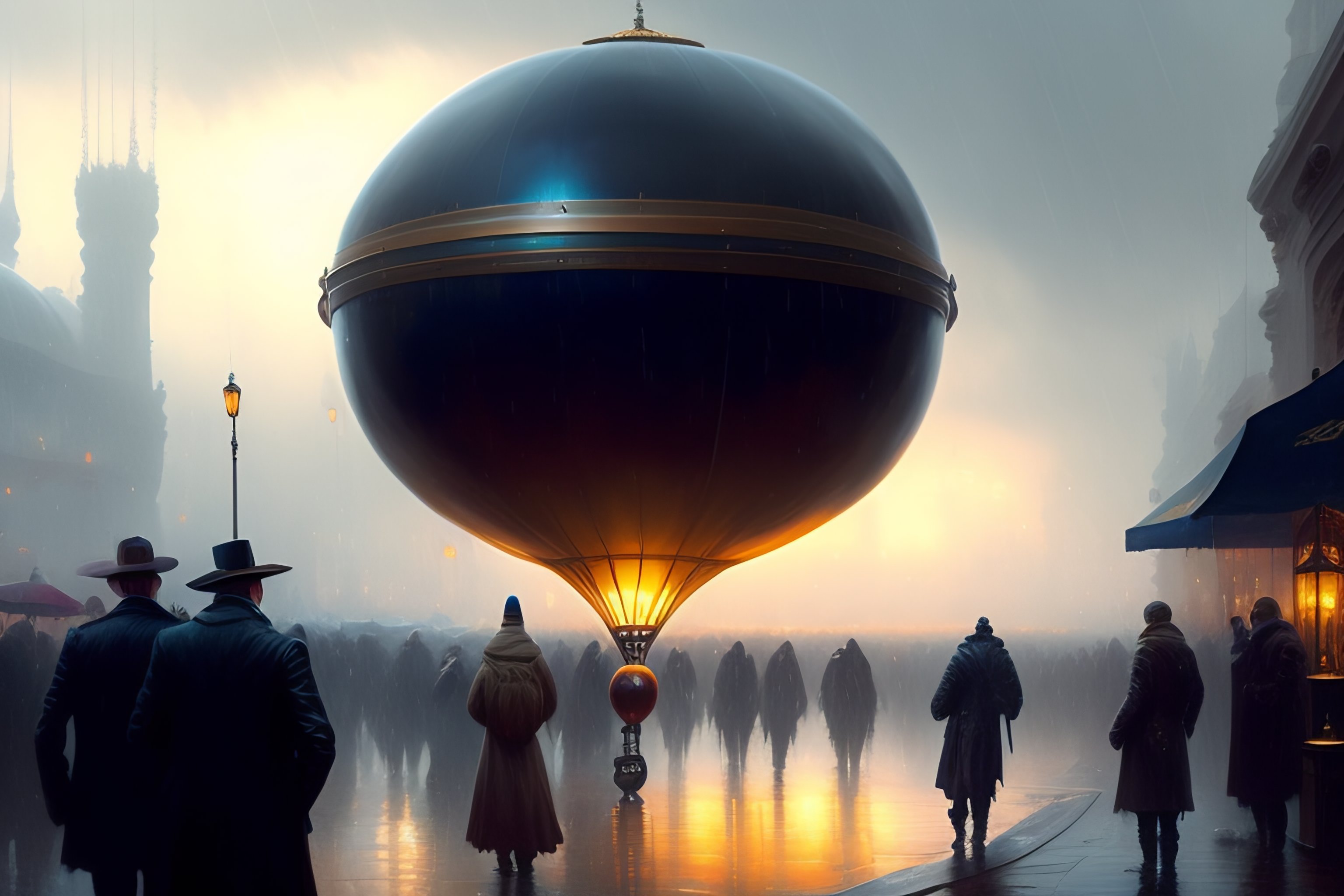 Lexica - Futuristic steampunk Duisburg rainy weather scenery with crowd ...