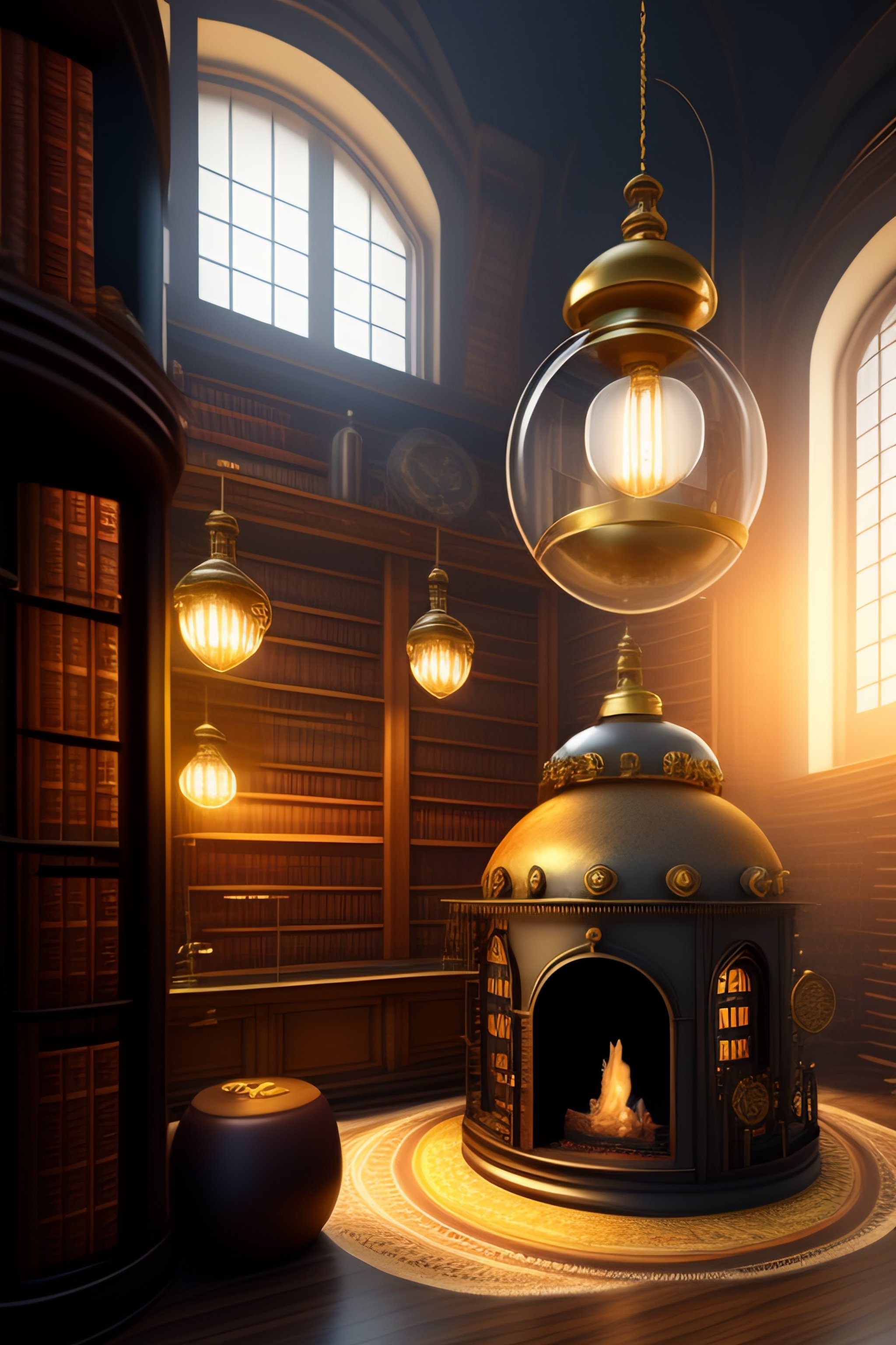 Lexica - Steampunk laboratory and library with fireplace and circle ...