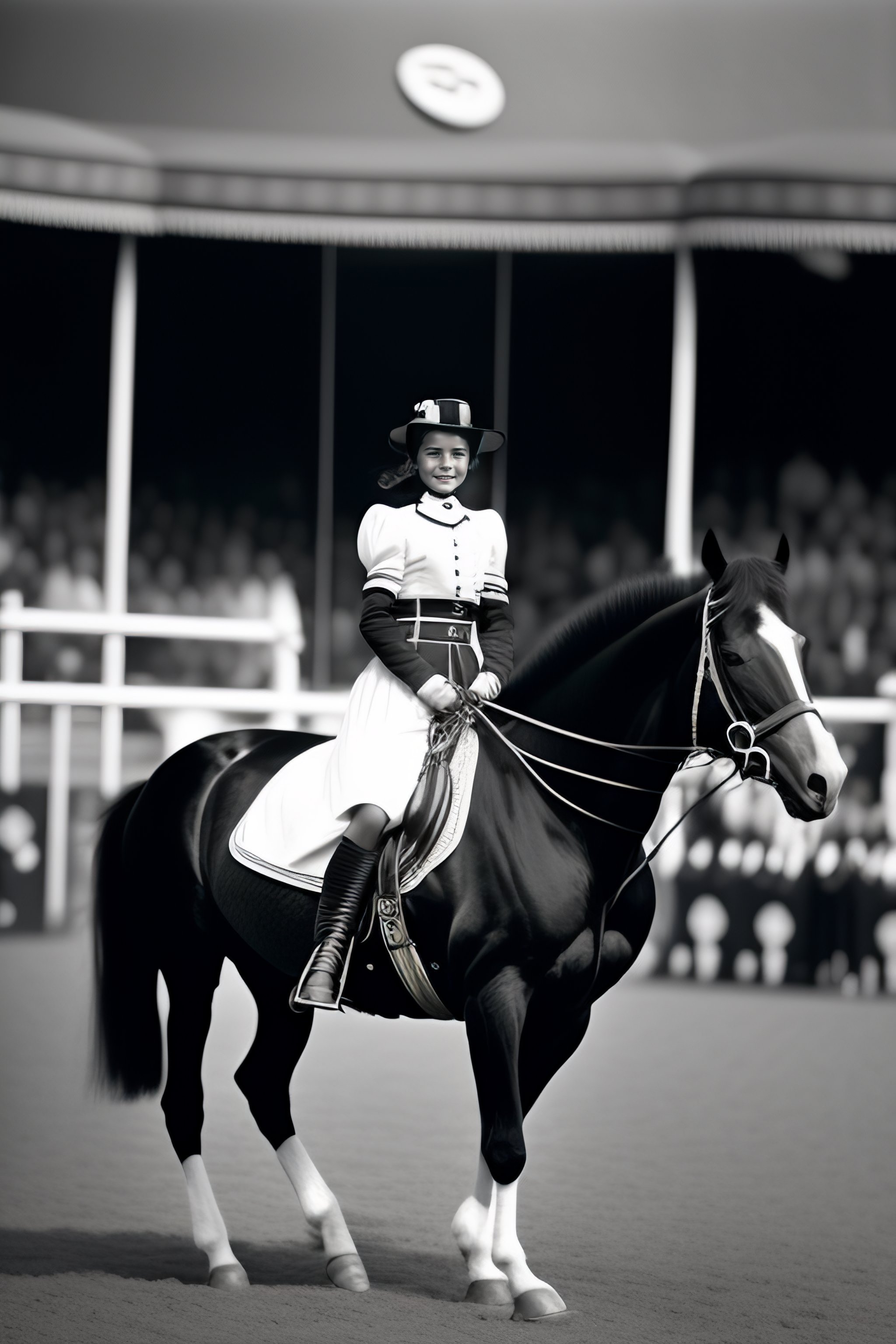 Lexica - Black and white picture of youg girl juping on a horse at the ...