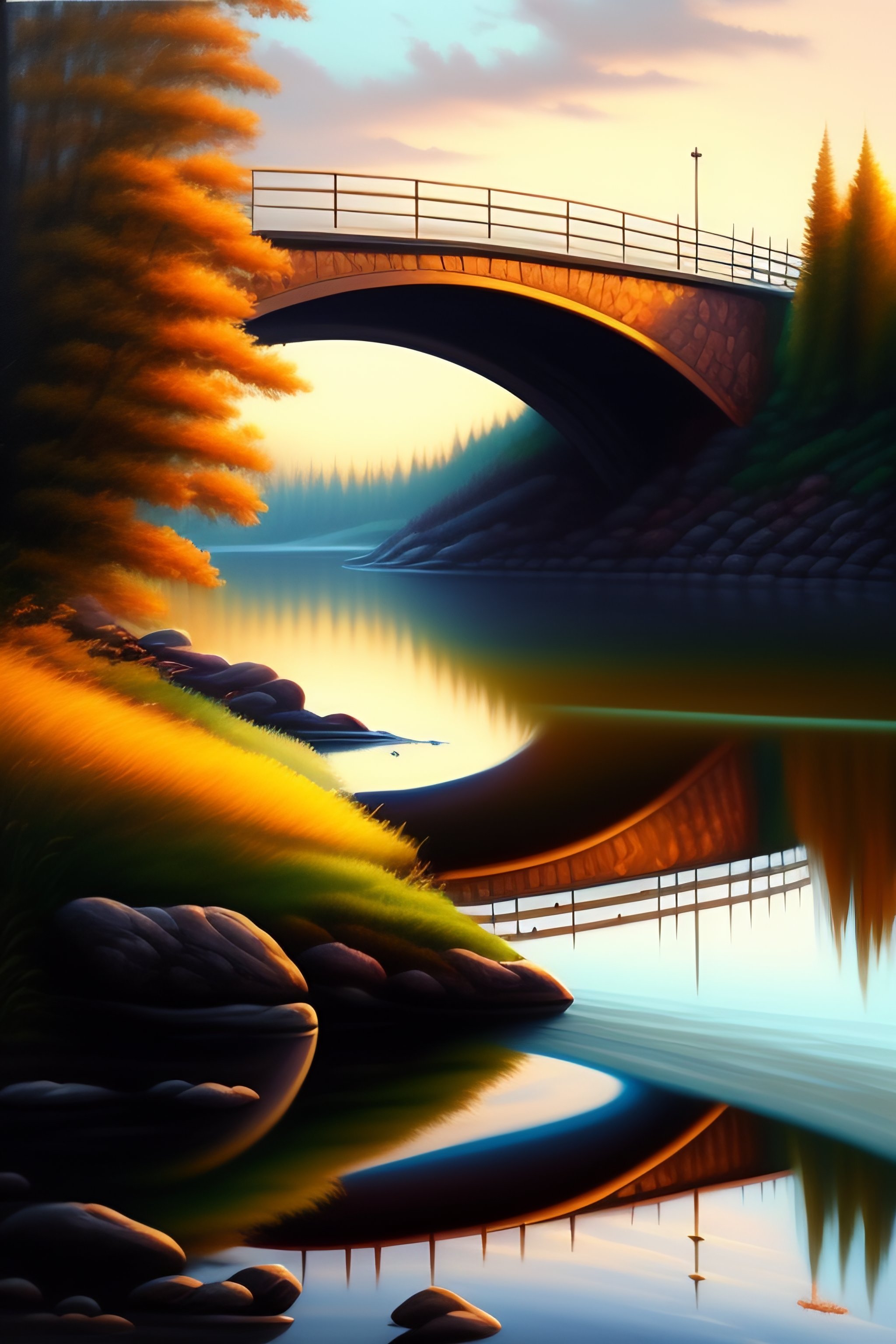 Lexica - Hi res retro bridge over river in oil painting style
