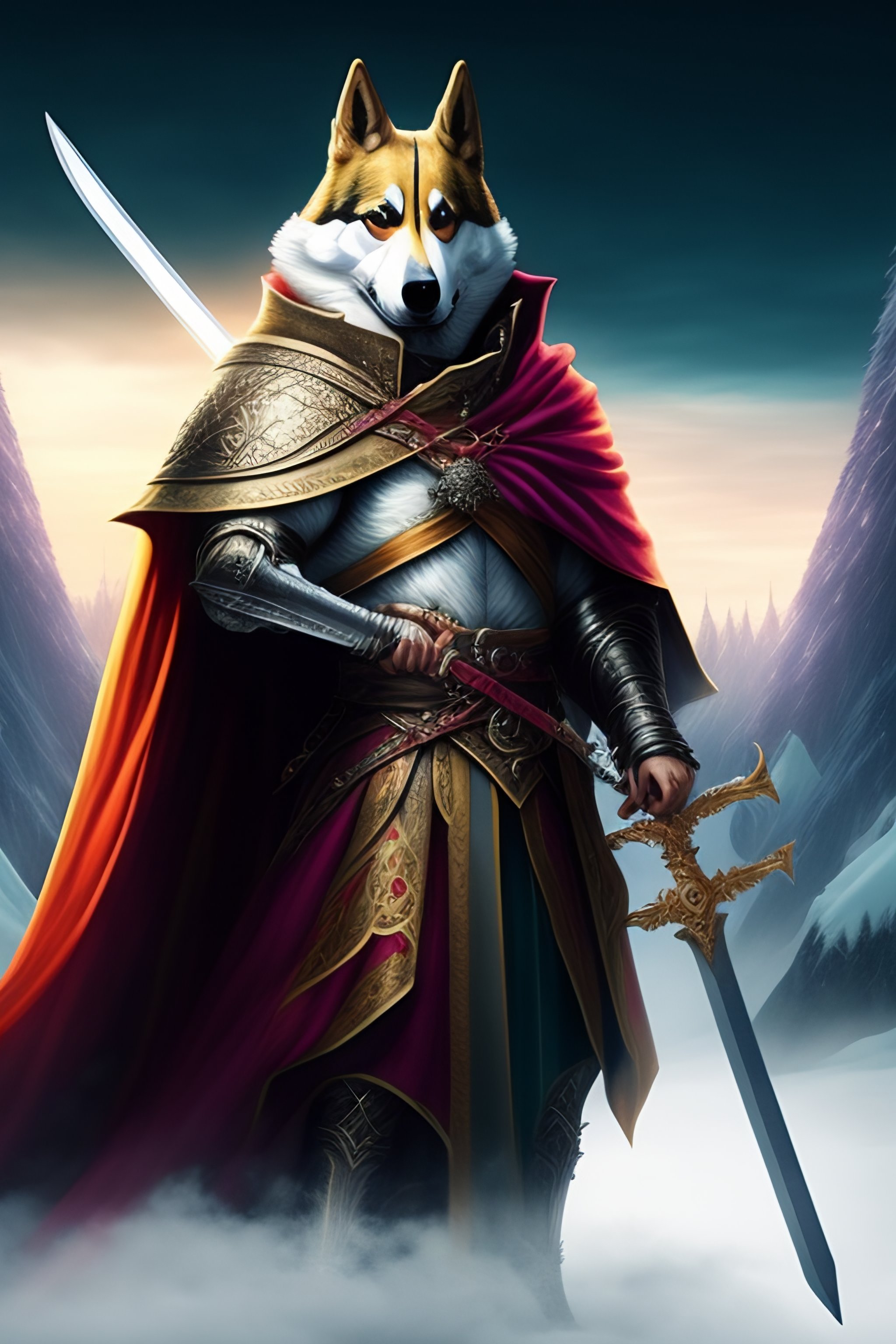 Lexica - A Doge Crusader holding a magic sword.