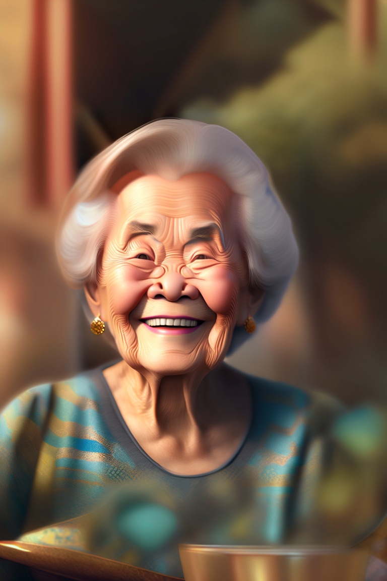 Lexica - A grandma with a many wrinkles smiling, with a round face and ...
