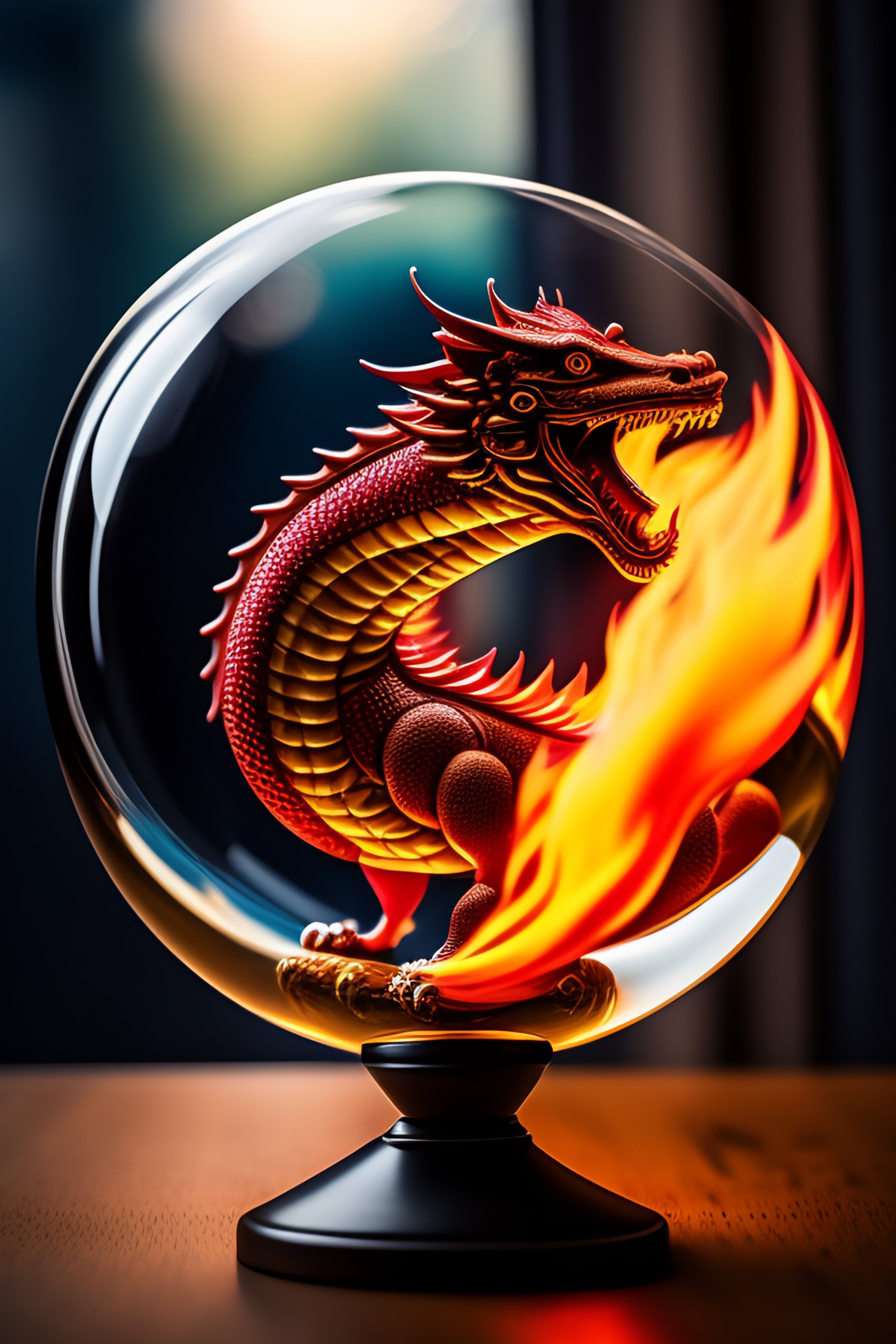Lexica - Fire throwing dragon inside a glass ball on a table, fantasy ...
