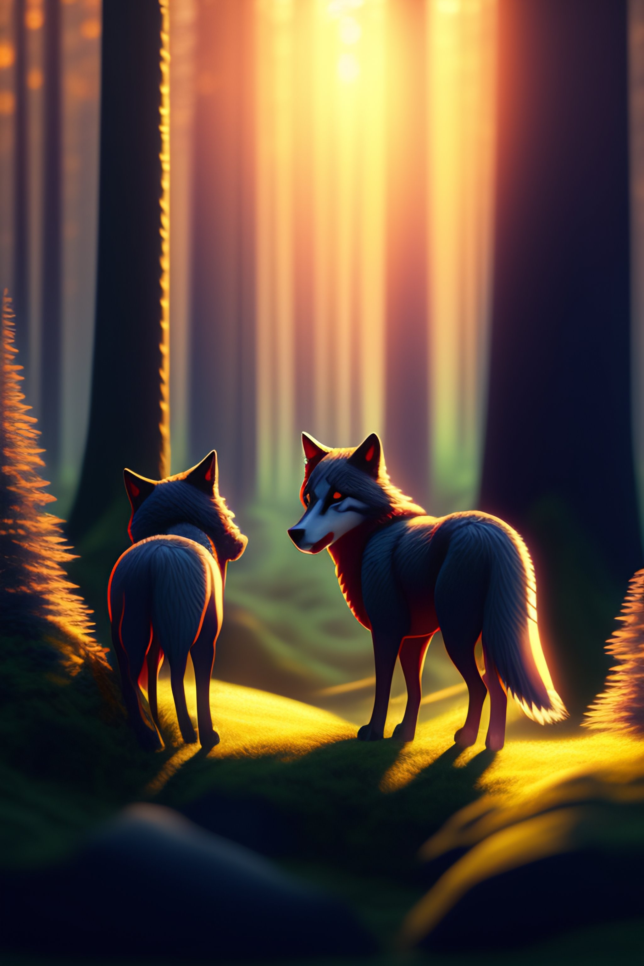 Lexica - Wide shot, illustration, three little wolves, In a forest ...