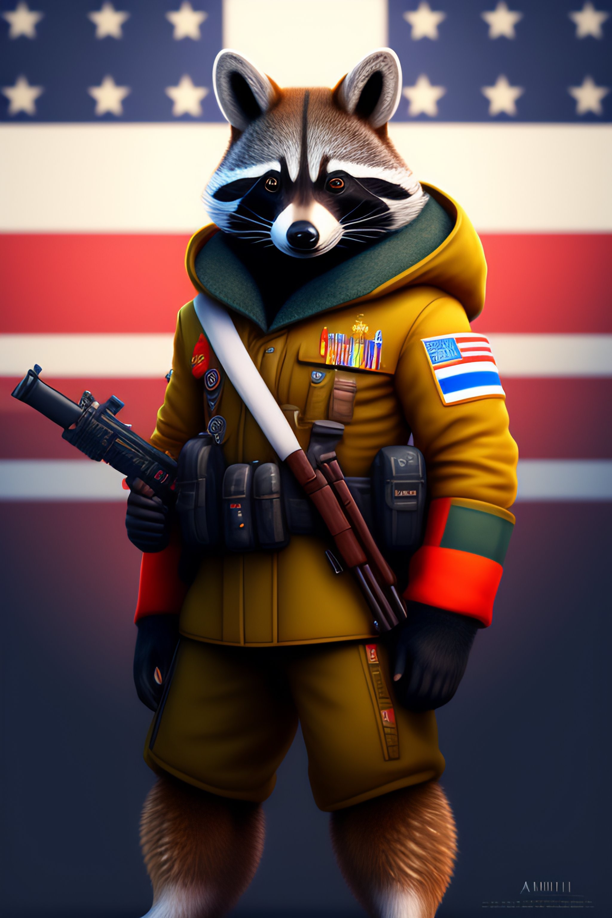 Lexica - Anthro furry humanoid racoon, military uniform, holding a ...