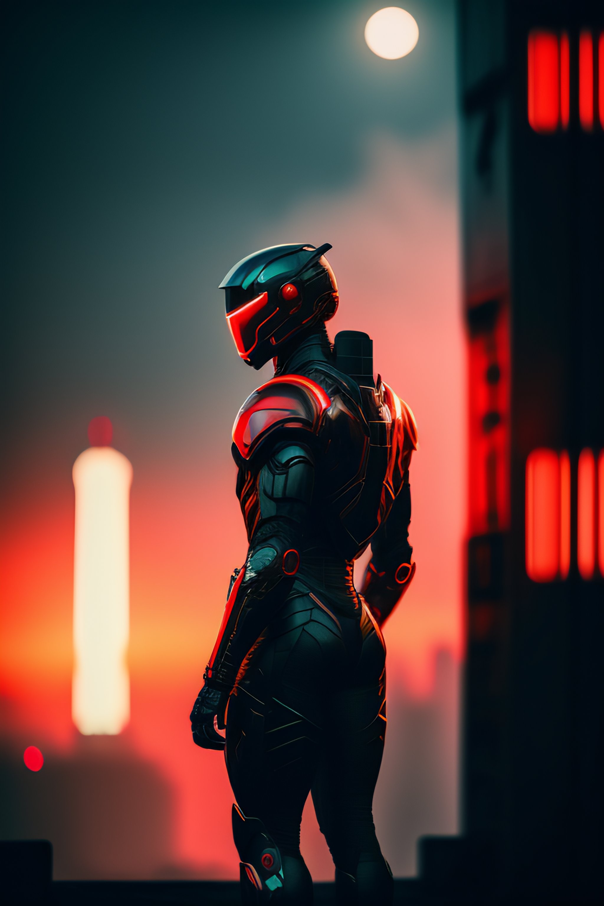 Lexica - Humanoid, iron suit, cyborg watching the city, with a red neon ...
