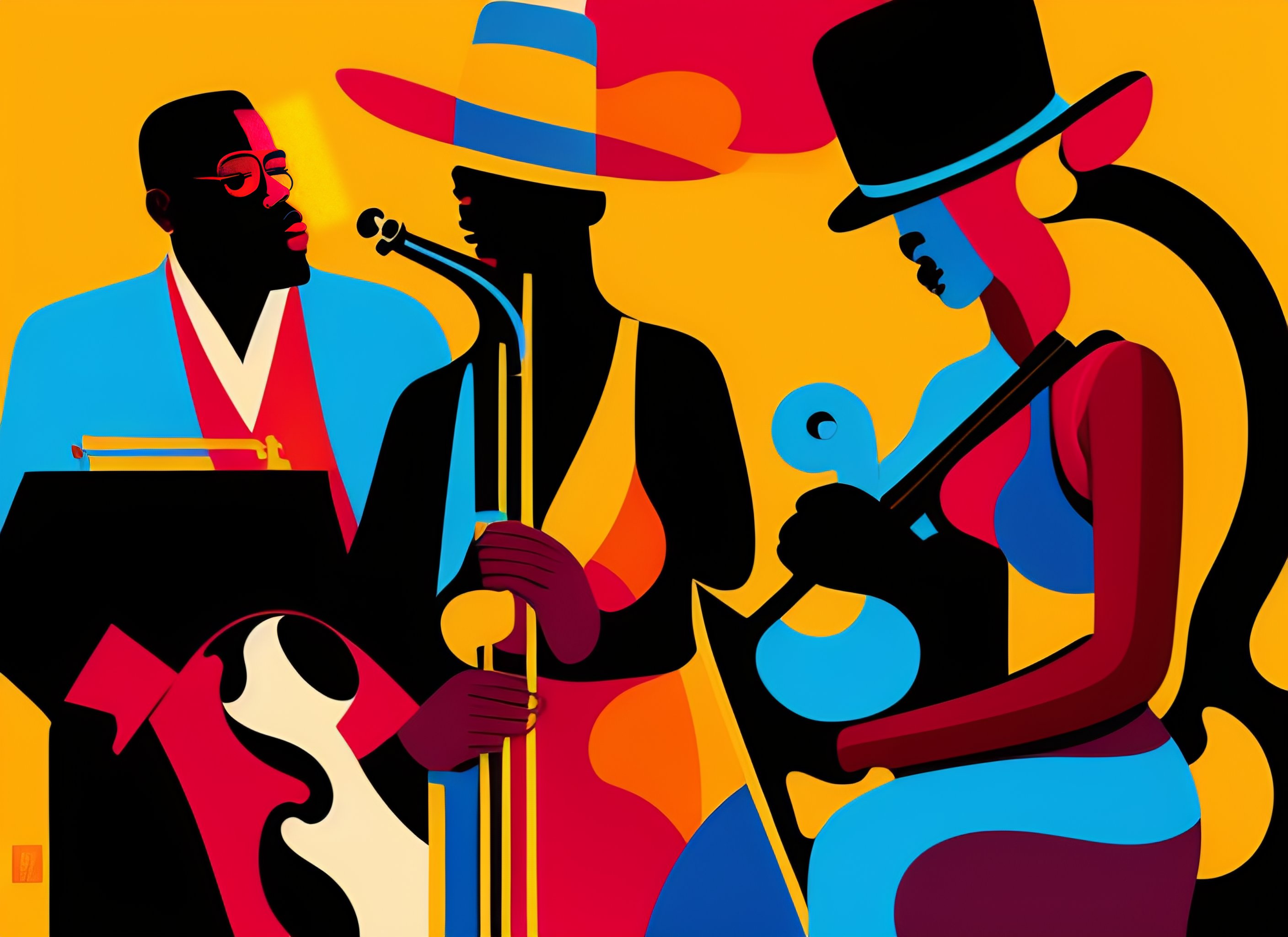 Lexica - 4 jazz musicians, playing with instruments, abstract art in ...