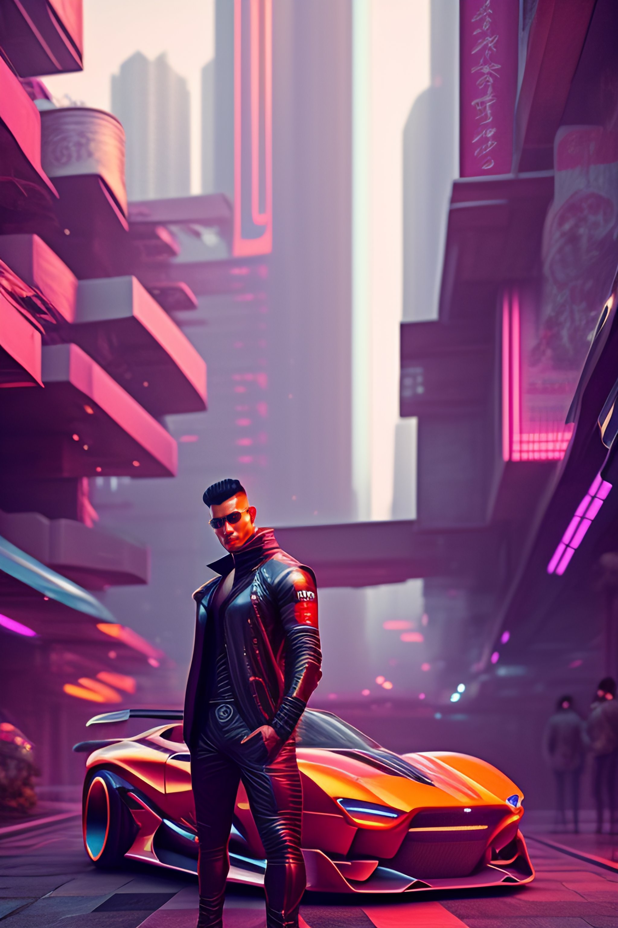 Lexica - Handsome man poses with his car, cyperpunk industry cool man ...