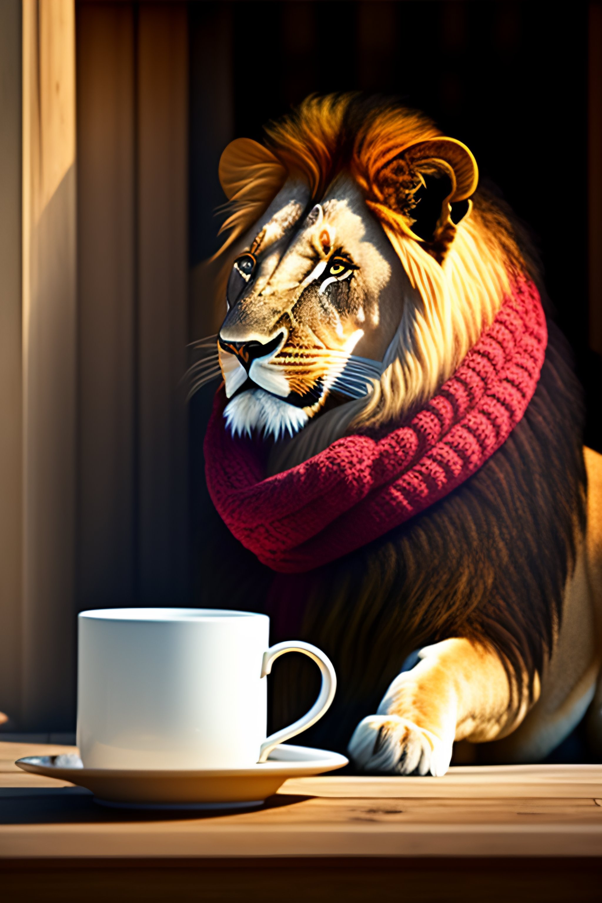 Lexica - A lion with a scarf drinking steaming tea