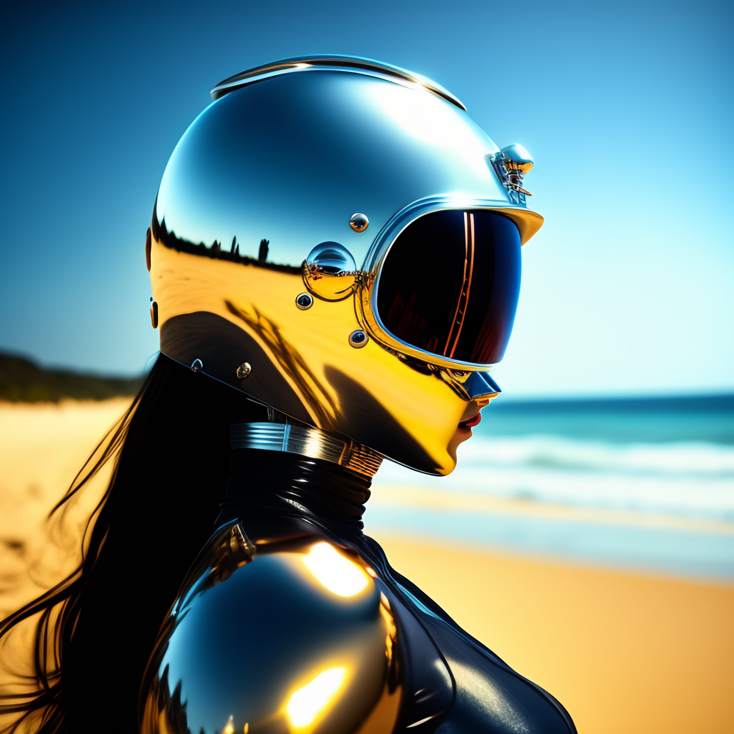 Lexica - Cyber girl wearing a chrome suit coming out of the water on a ...
