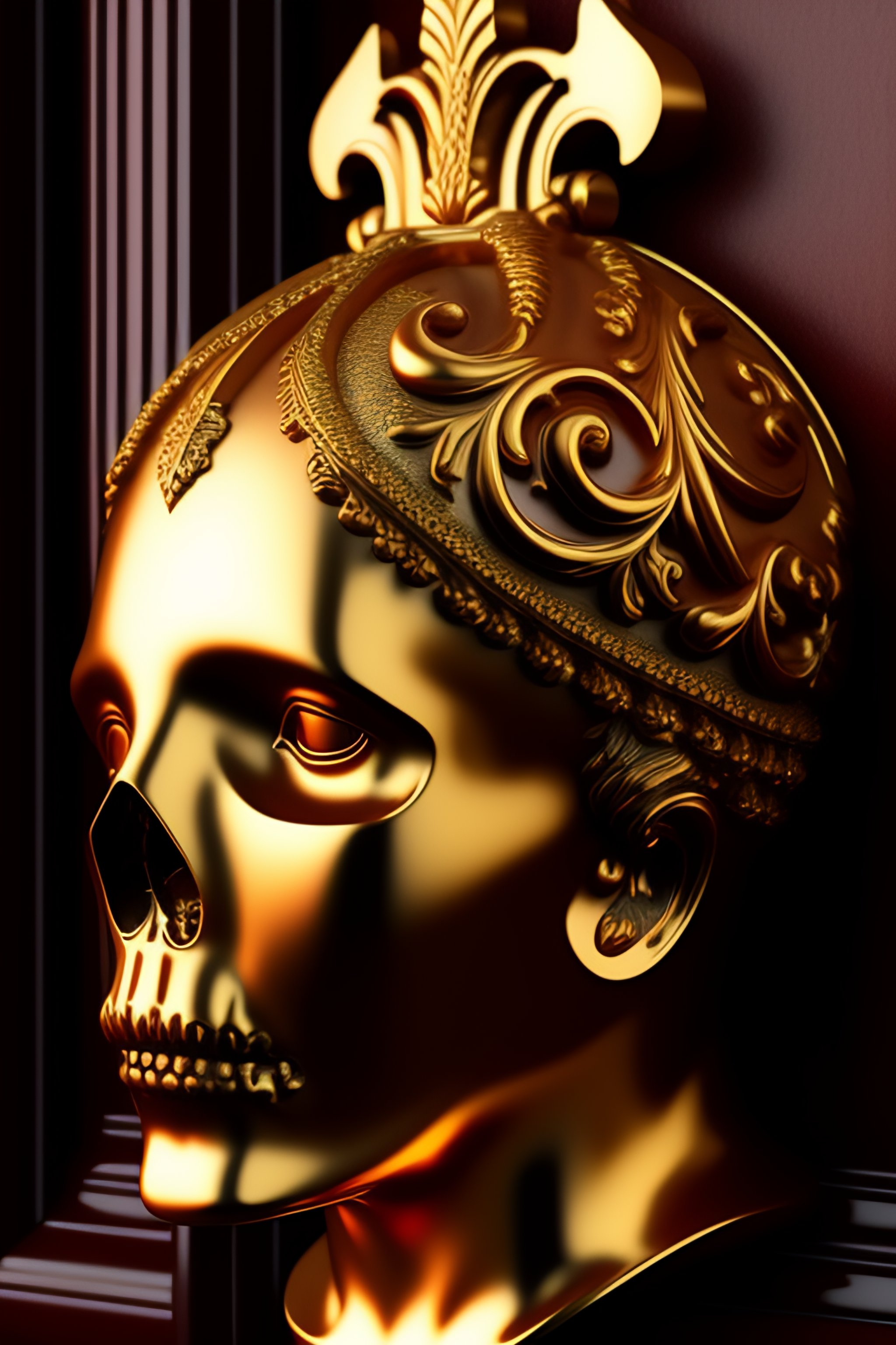 Lexica - A face covered with ornate bronze skulls, acanthus scrolls ...