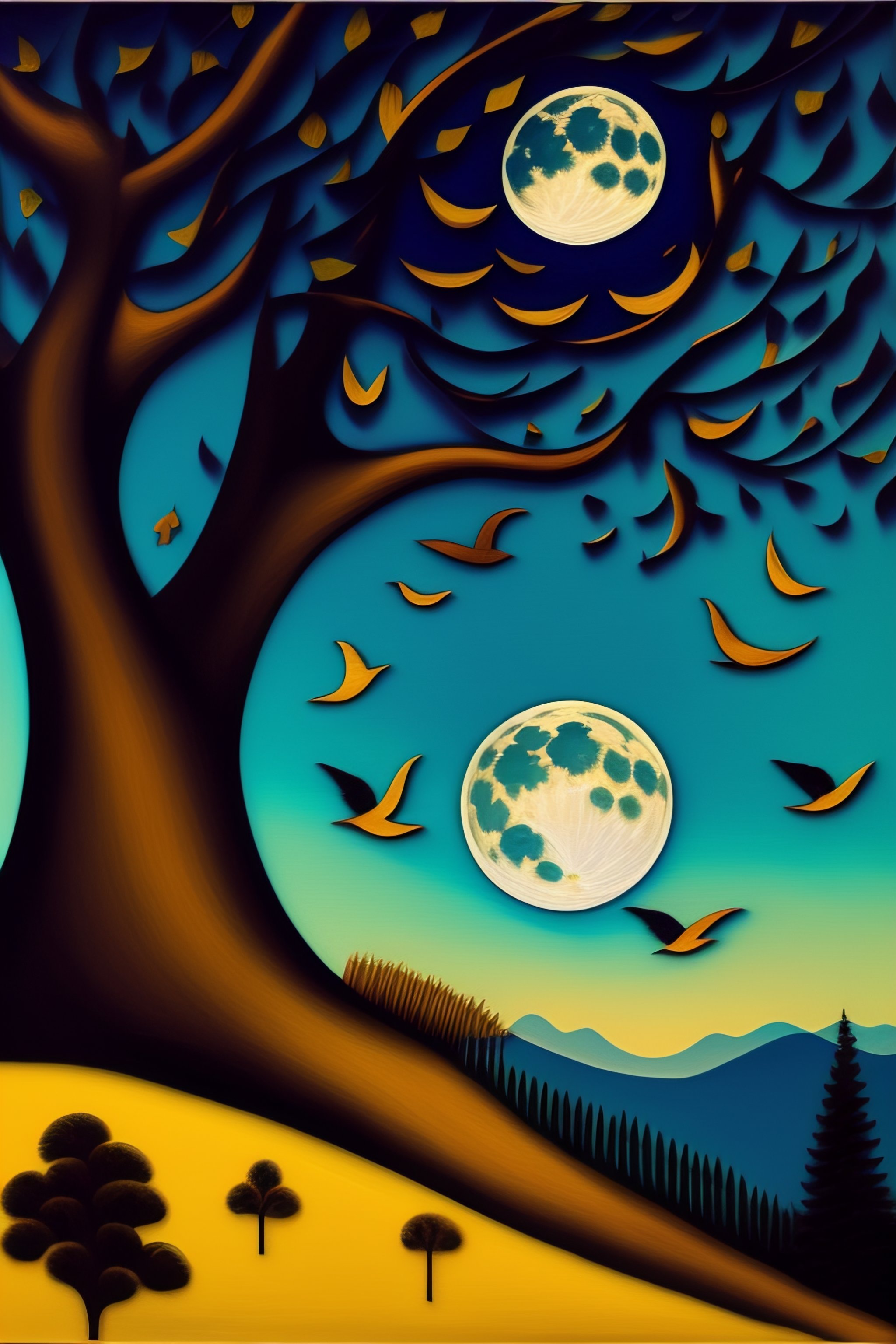 Lexica - Tree with birds , moonlight , full moon, picasso
