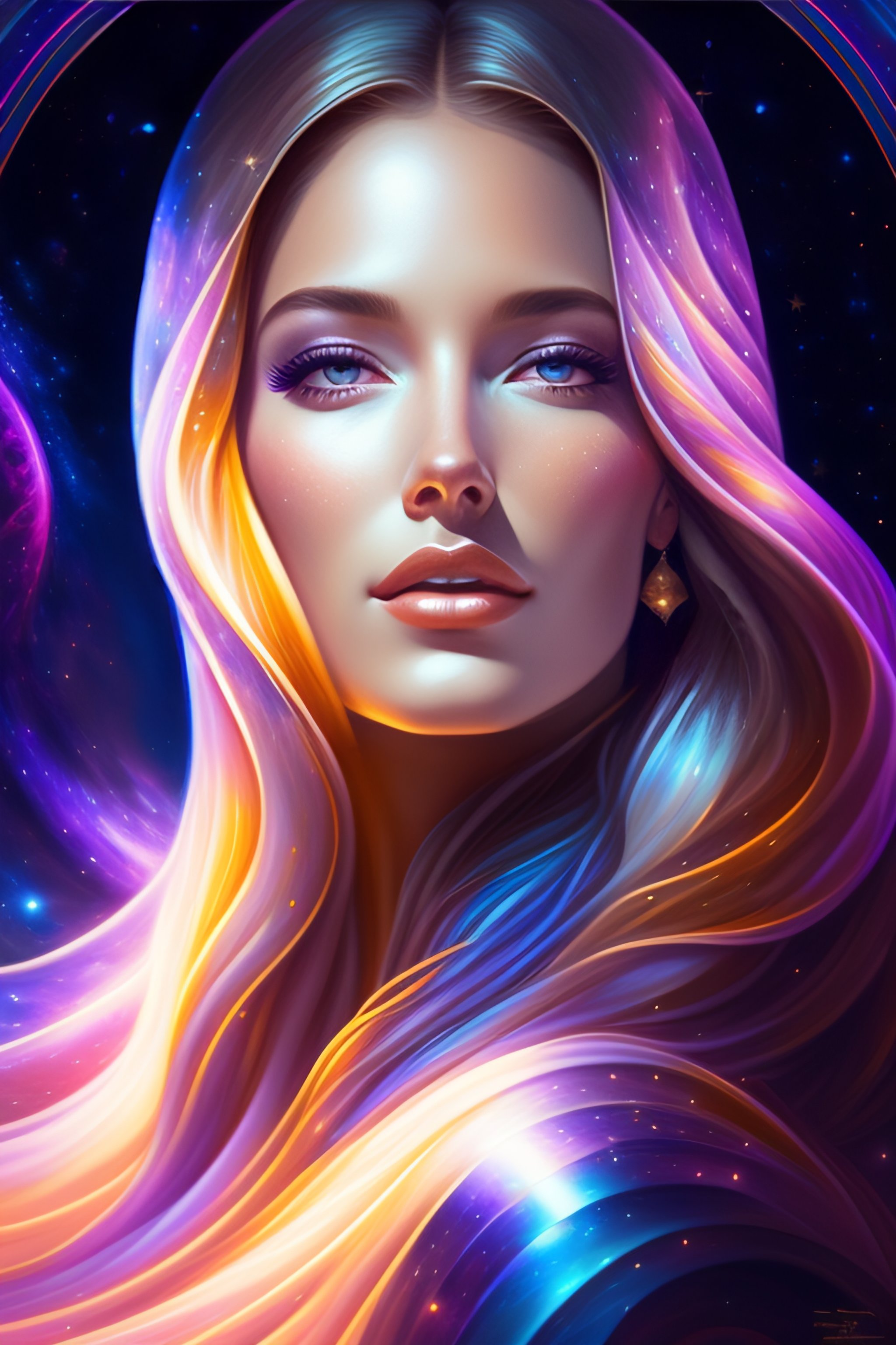 Lexica - Cosmic portrait of sks woman, galaxy in the background ...