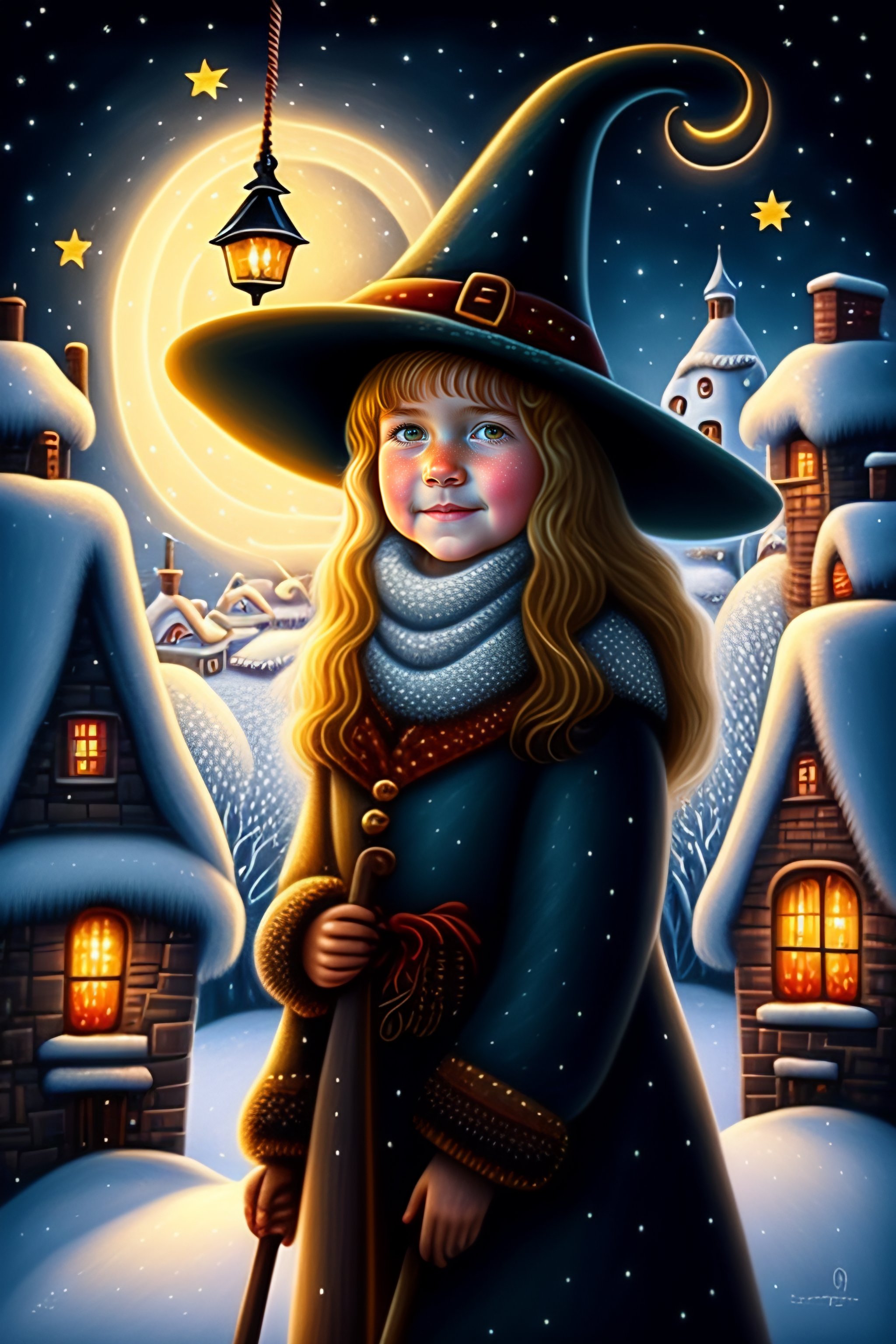 Lexica - A little tired witch in a hat sits on a broomstick and flies ...