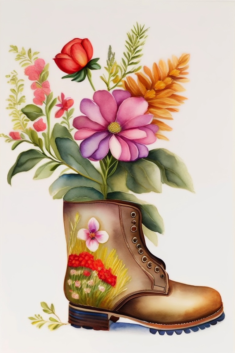 Lexica - A painting of a boot with flowers in it, a watercolor painting ...