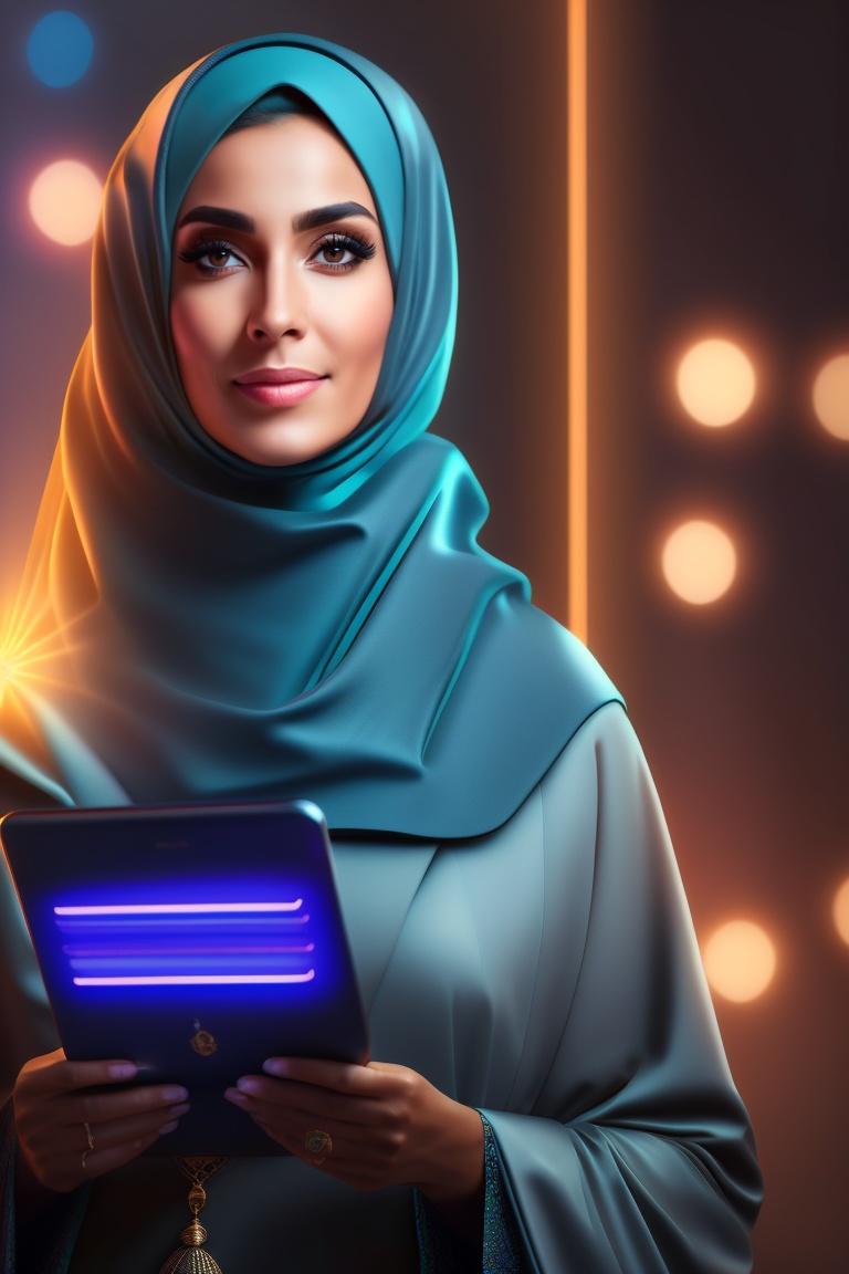 Lexica - A arabic news anchor stands in the center of a room, her hijab ...