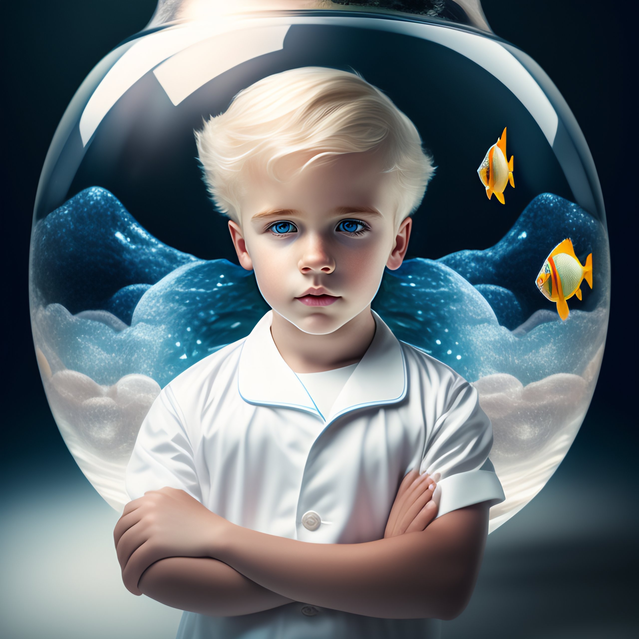 Lexica - A pale blonde boy in white pijamas floating inside a giant ...