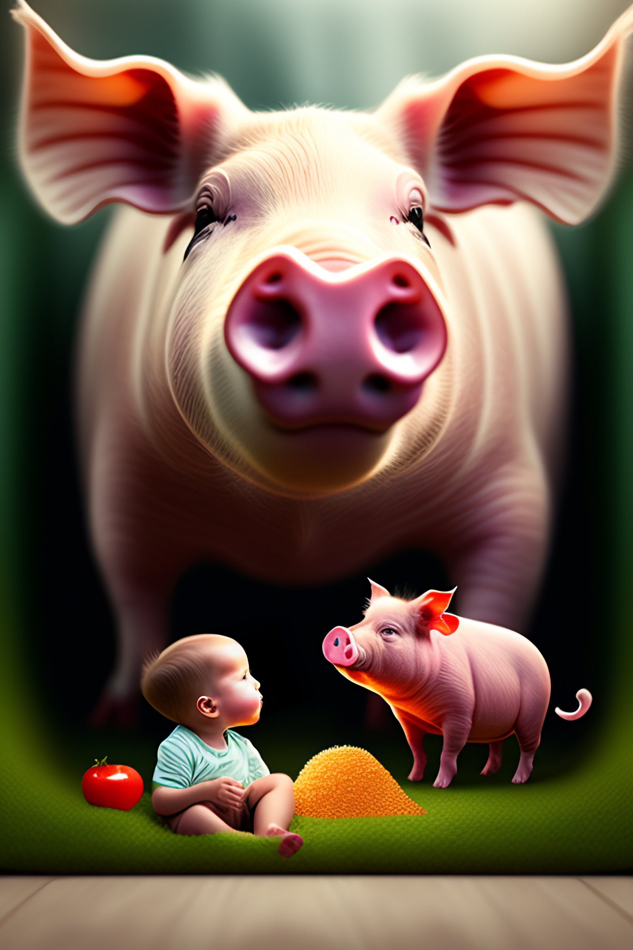 Lexica - Kid sitting under pig, cute