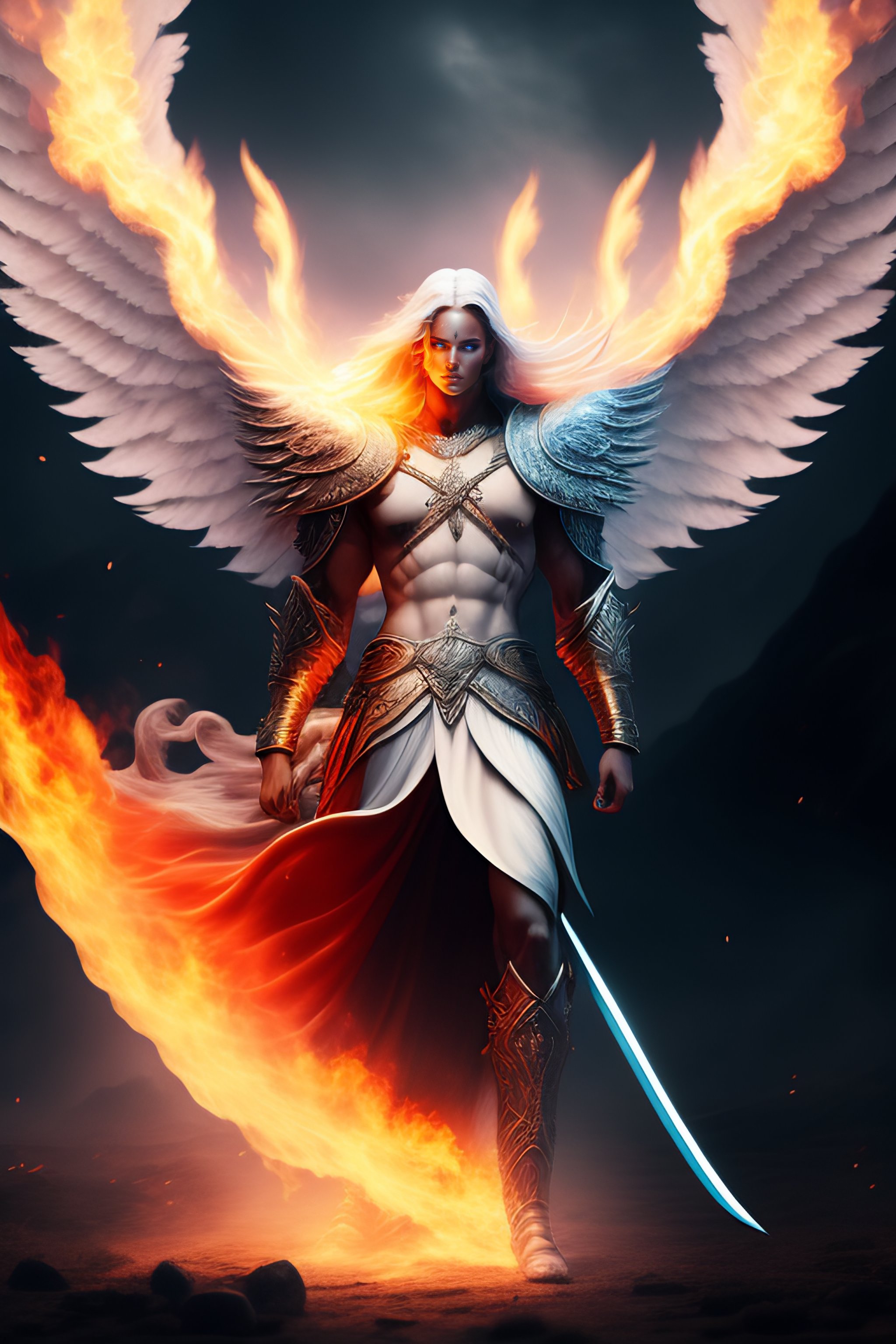 Lexica - White angel with white wings holding a sword, fighting a demon, apocalyptic landscape ...