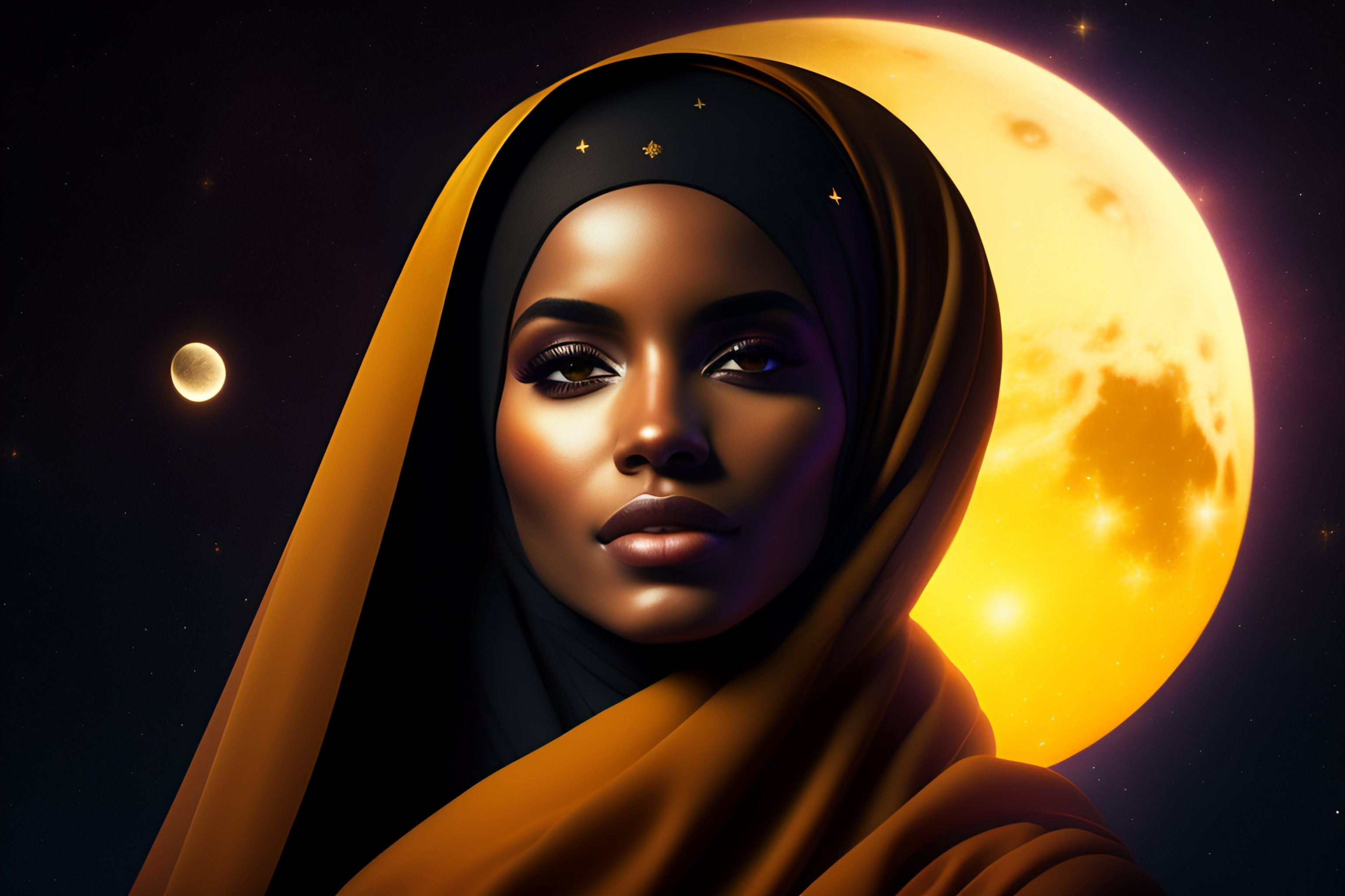 Lexica - Black muslima with golden hijab looks at the crescent moon in ...