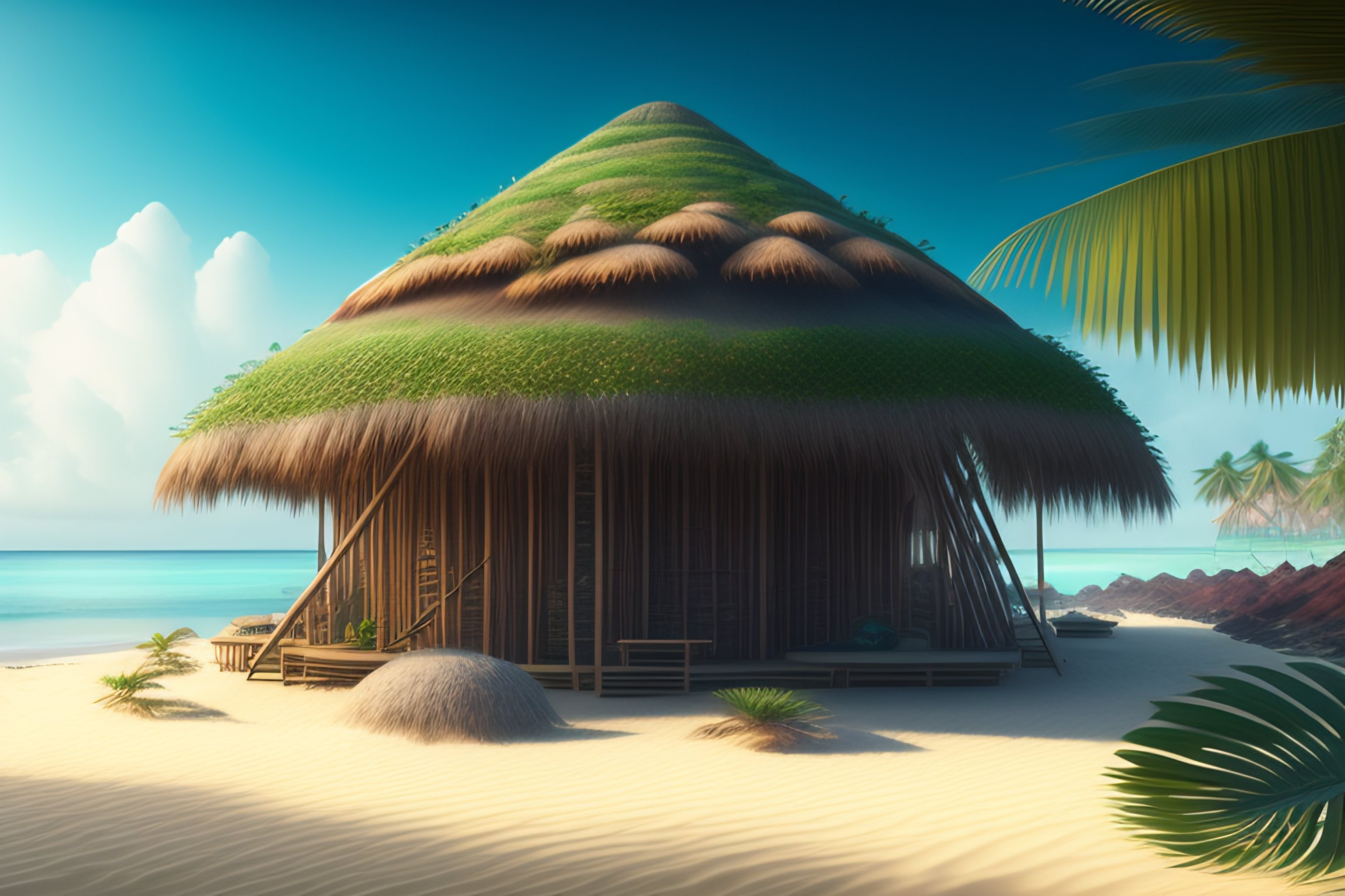 Lexica - Giant hut bamboo on tropical island beach yucca giant shells ...