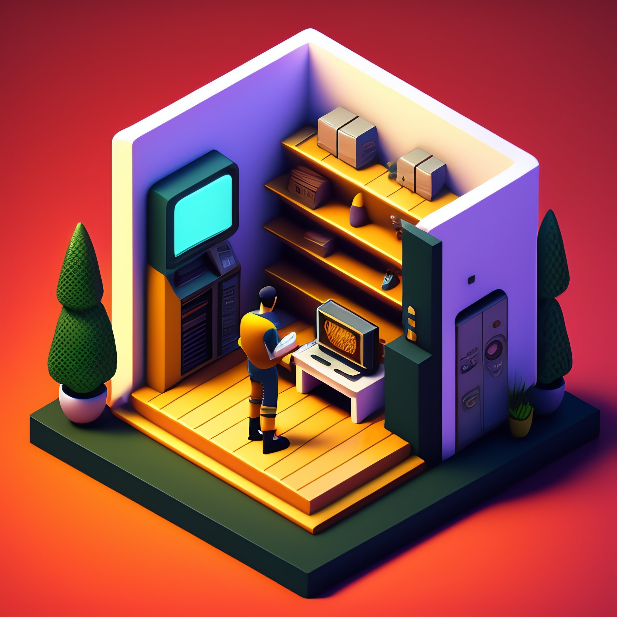 Lexica - Isometric render of a gamer, building the room