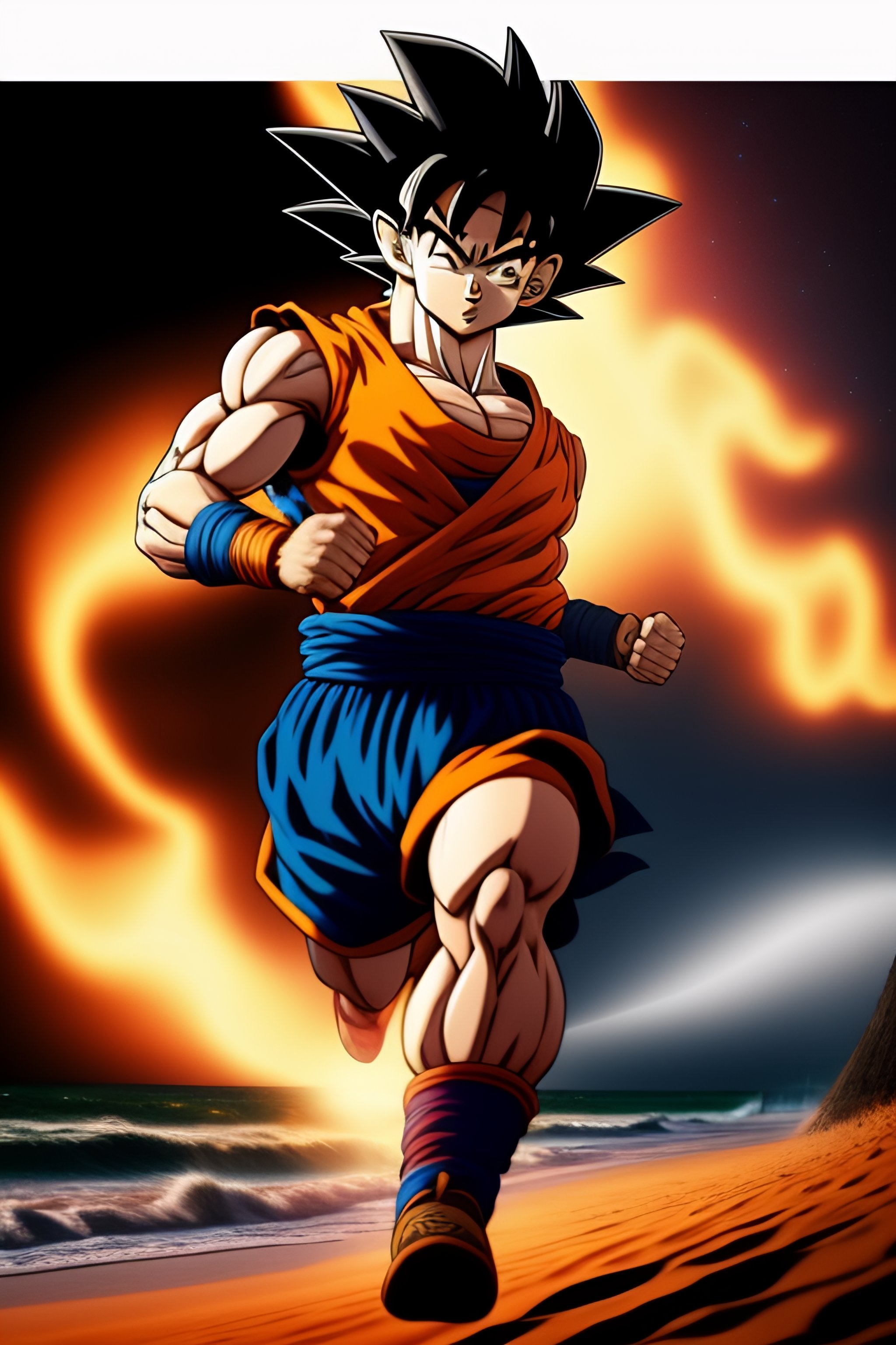 Lexica - Goku corriendo por la playa al estilo oscuro realista
