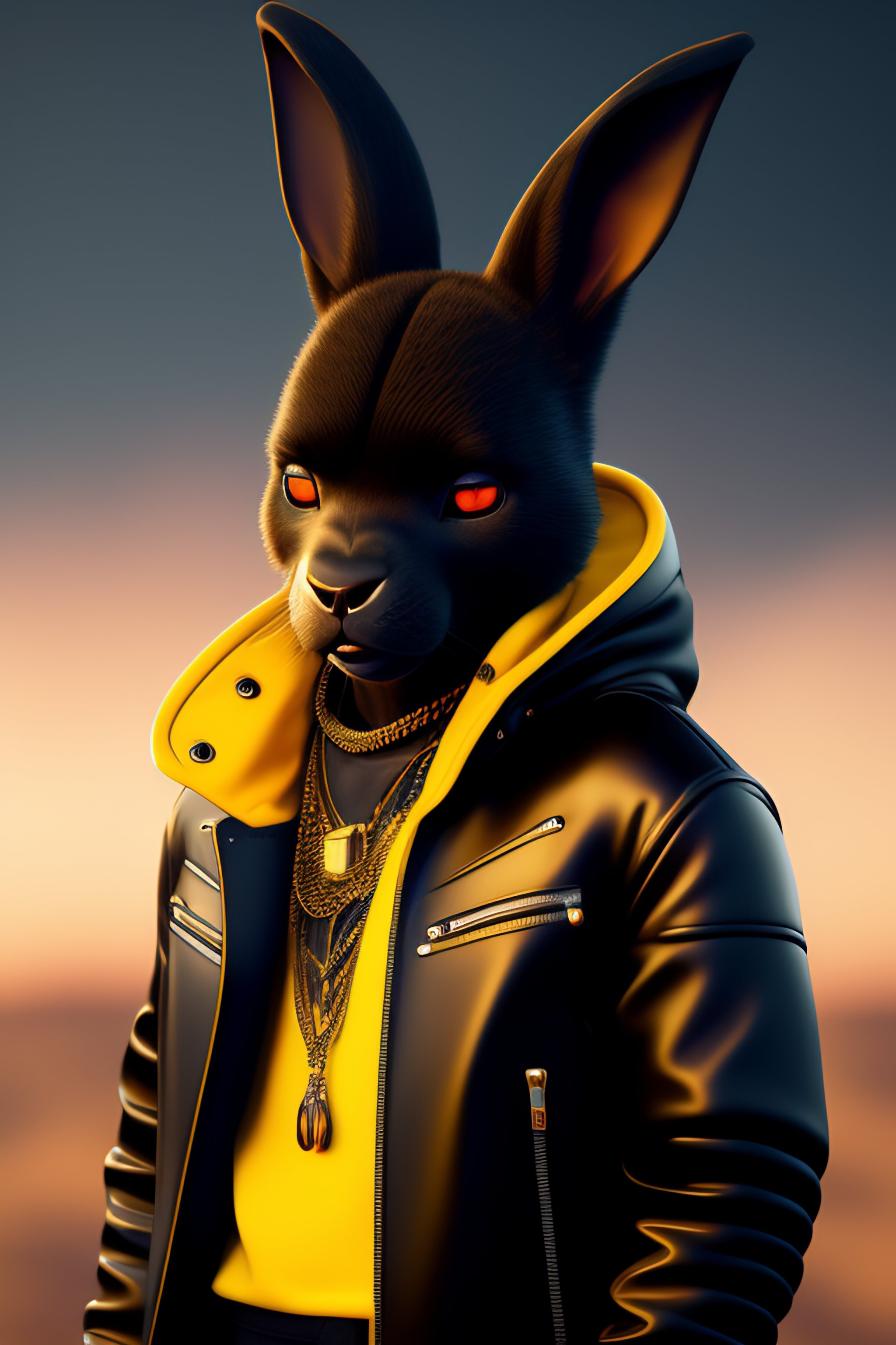 Lexica - Black Humanoid Rabbit with large white eyes leather jacket ...