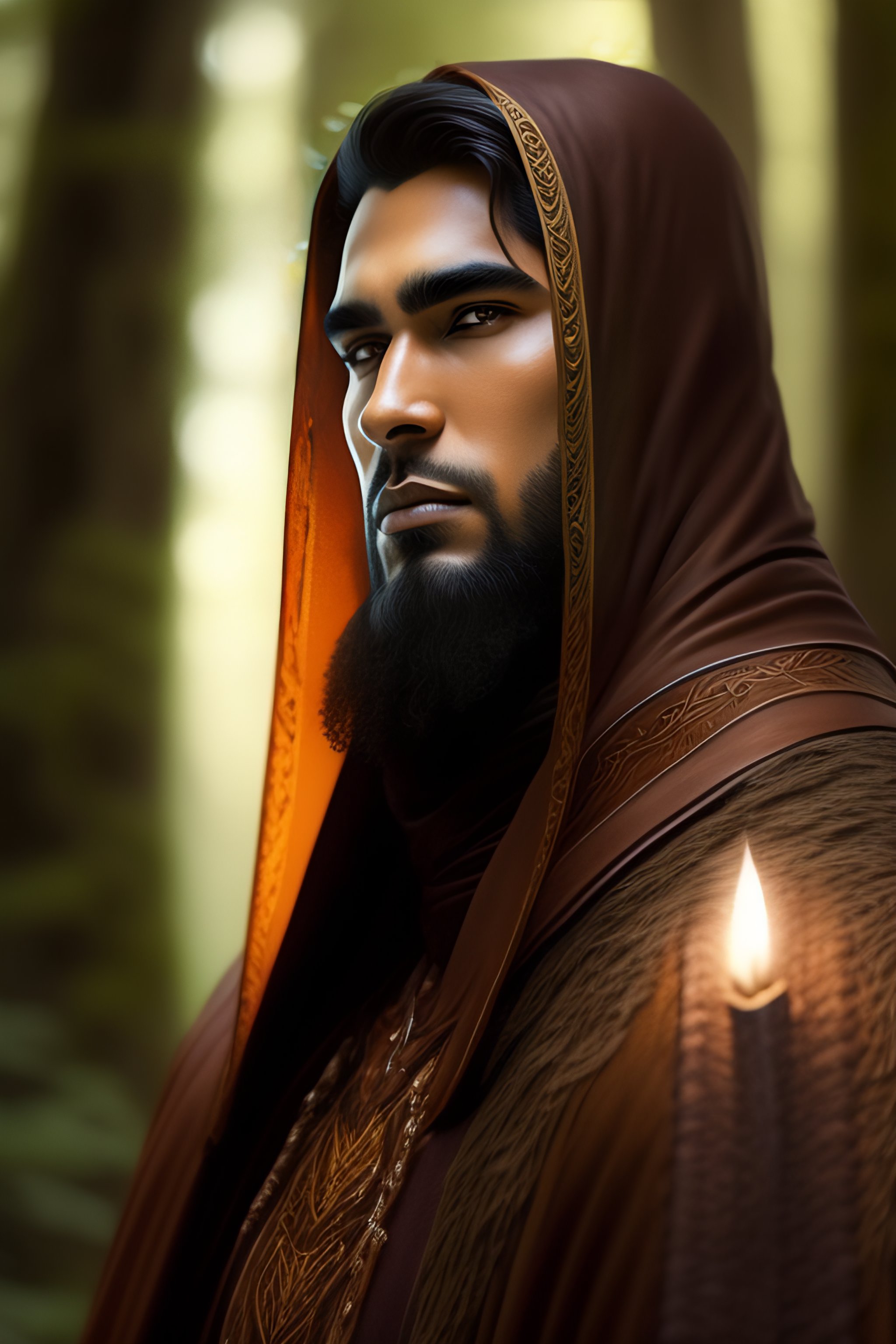 Lexica - Magic druid in woods, plain leather cloak, brown eyes, trimmed ...