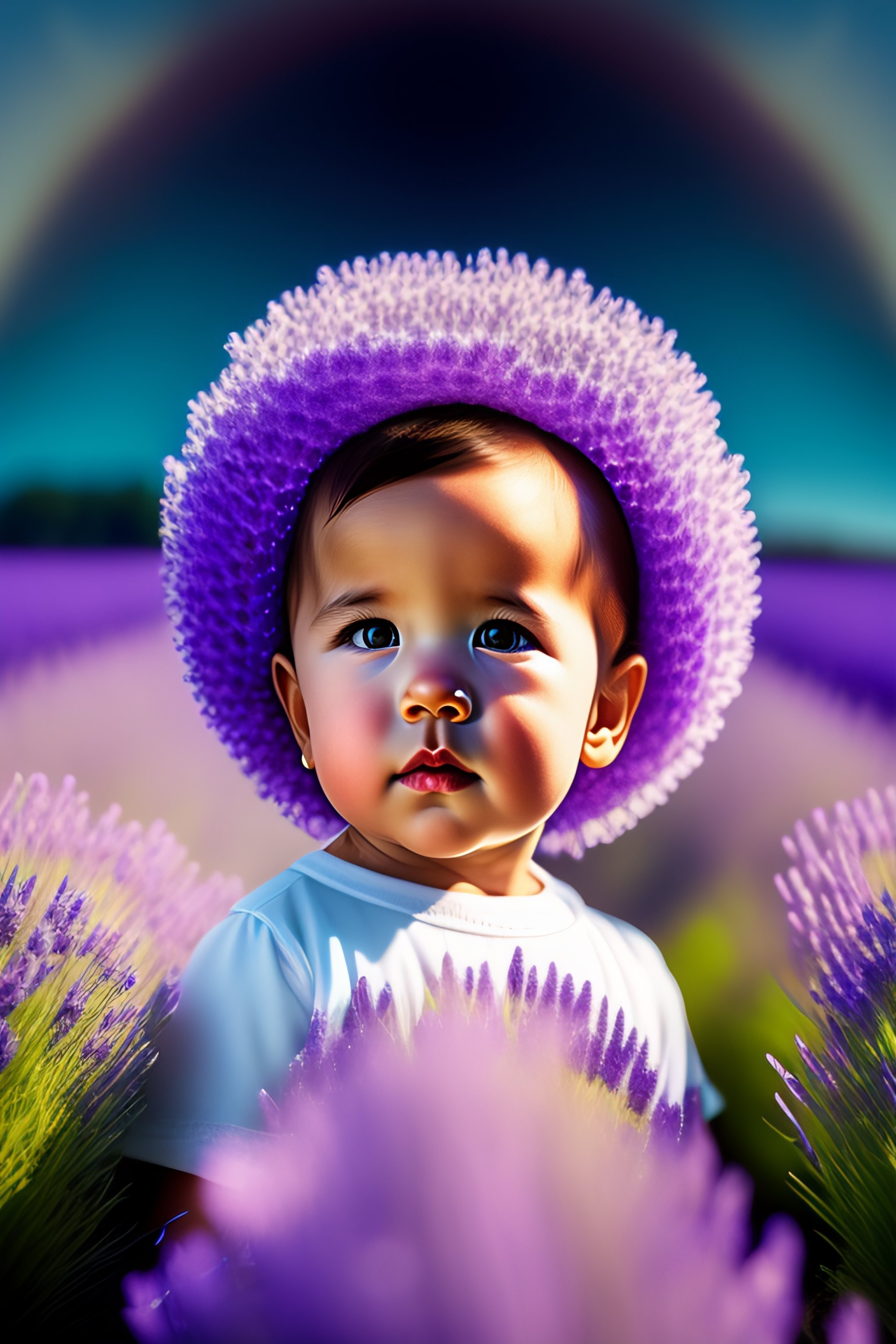 Lexica - Female baby in field of lavender, distant, facing towards ...