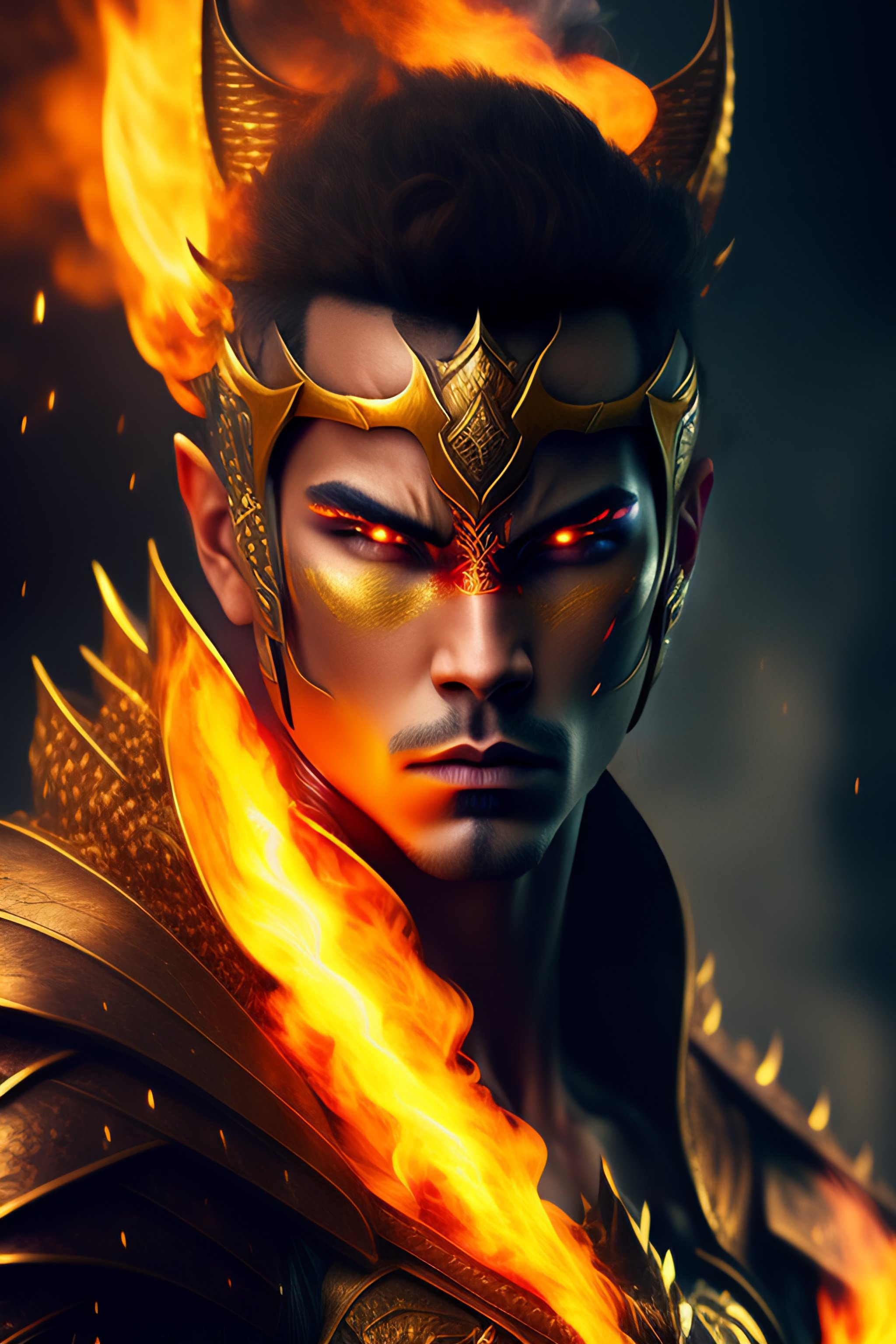 Lexica - A human with dragon features on his face, yellow eyes with ...