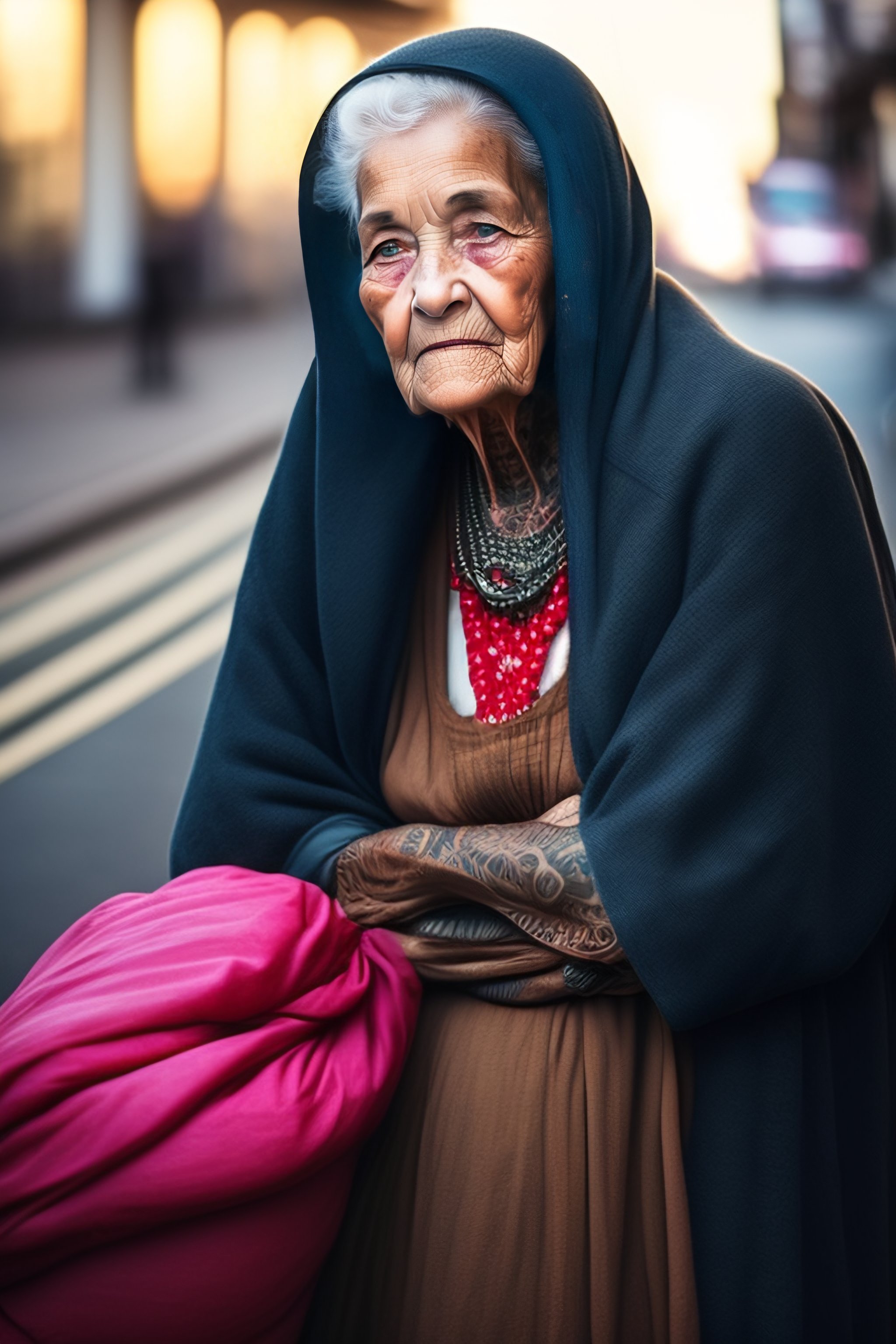 Lexica - Homeless old woman in dirty dresses with tattoos covered face
