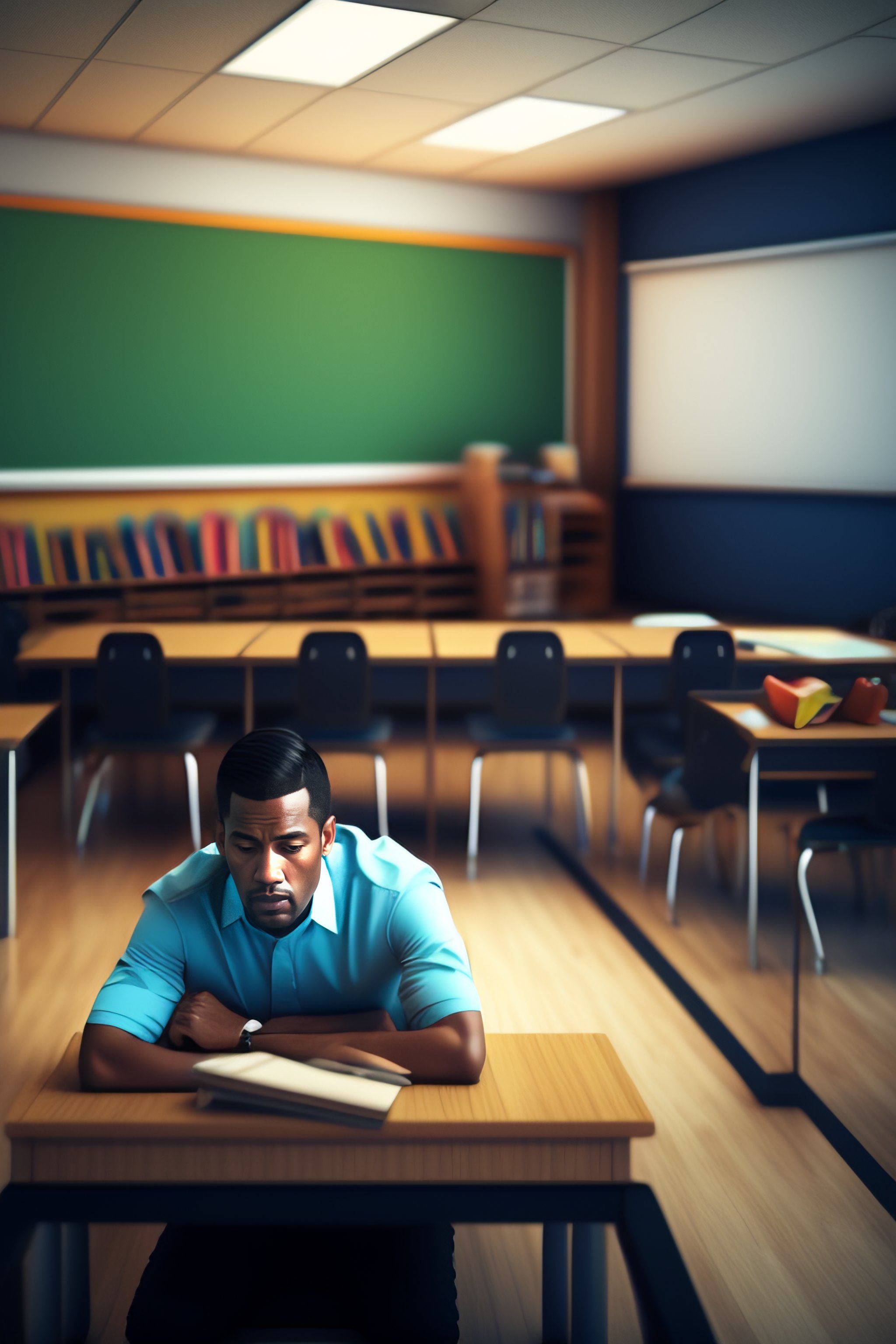 Lexica - Realistic image of a frustrated teacher in front of his classroom