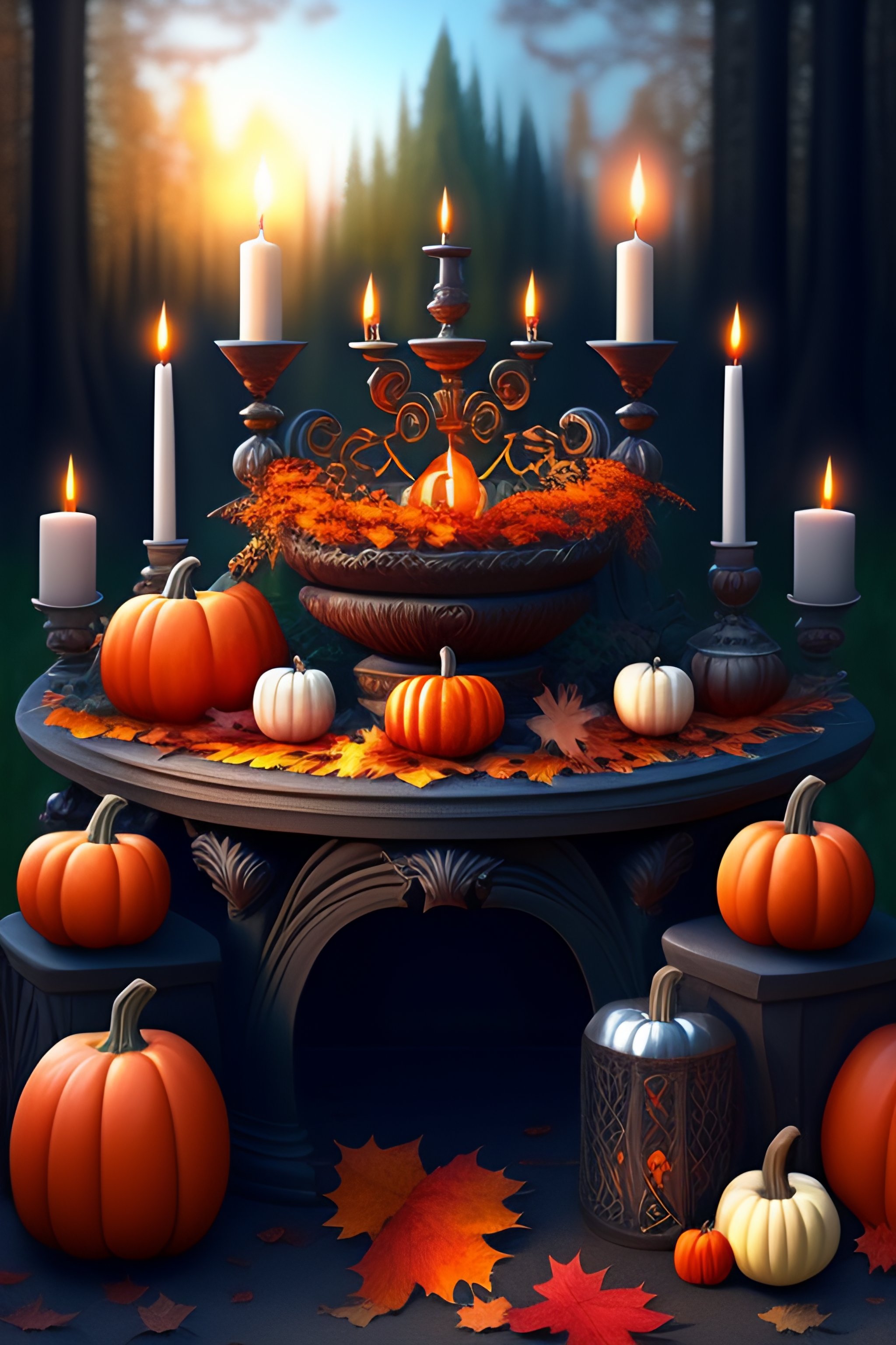 Lexica - Witches altar with pumpkins, fantastical fall woods ...