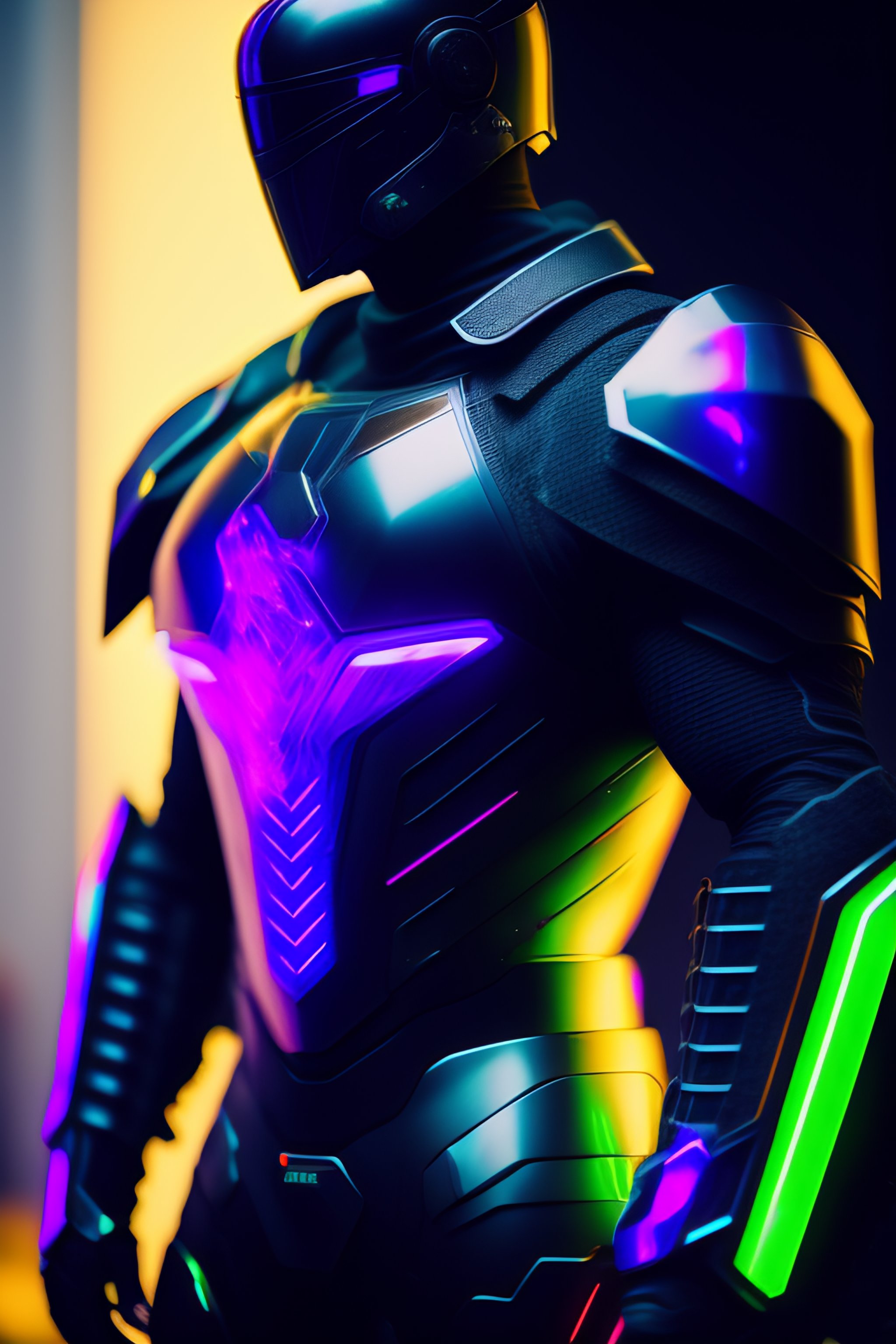Lexica - A photograph of a cyberpunk armour made of black titanium and ...