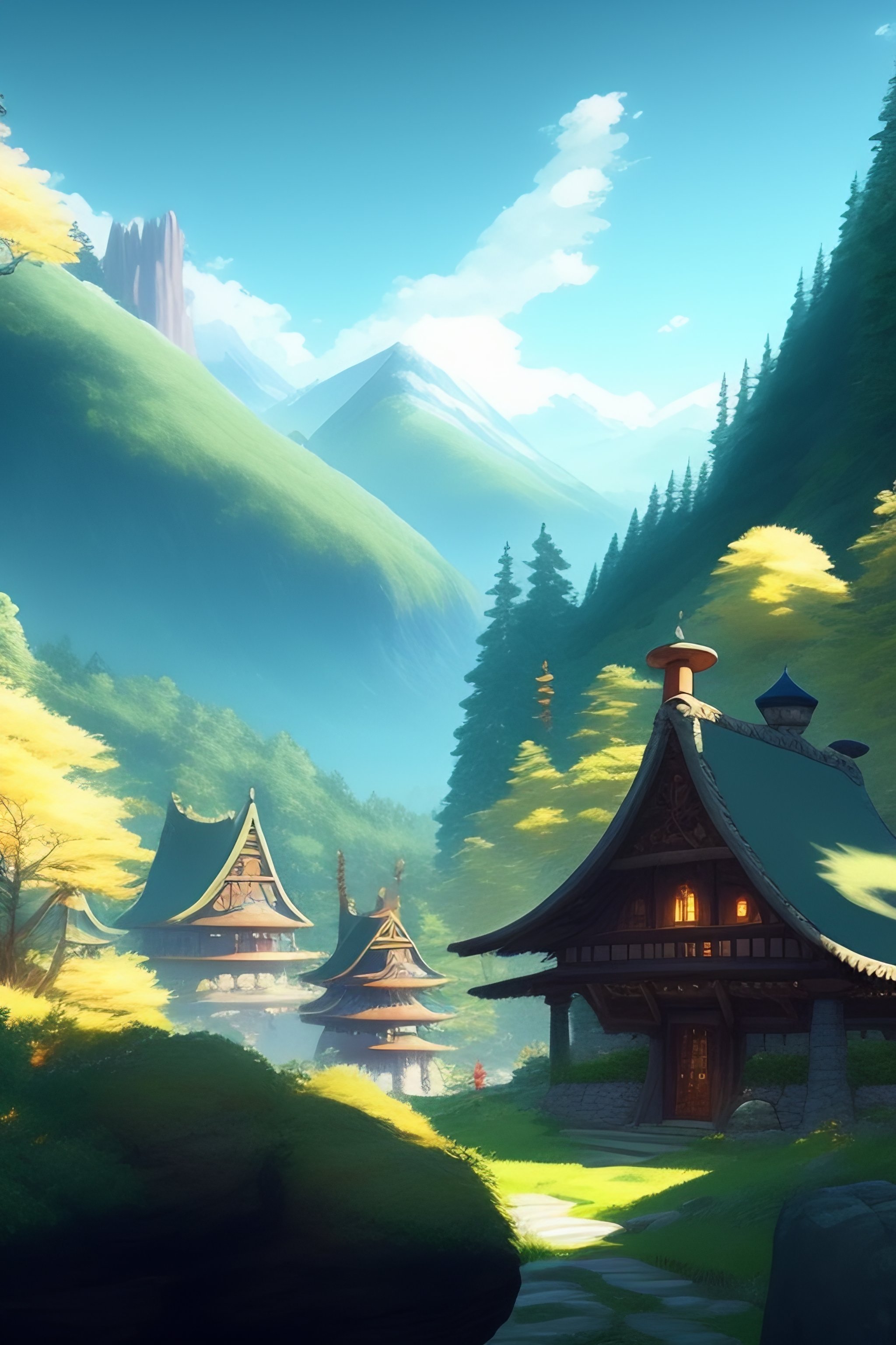 Lexica - Mountain overseeing fantasy village next to a forest, studio ...