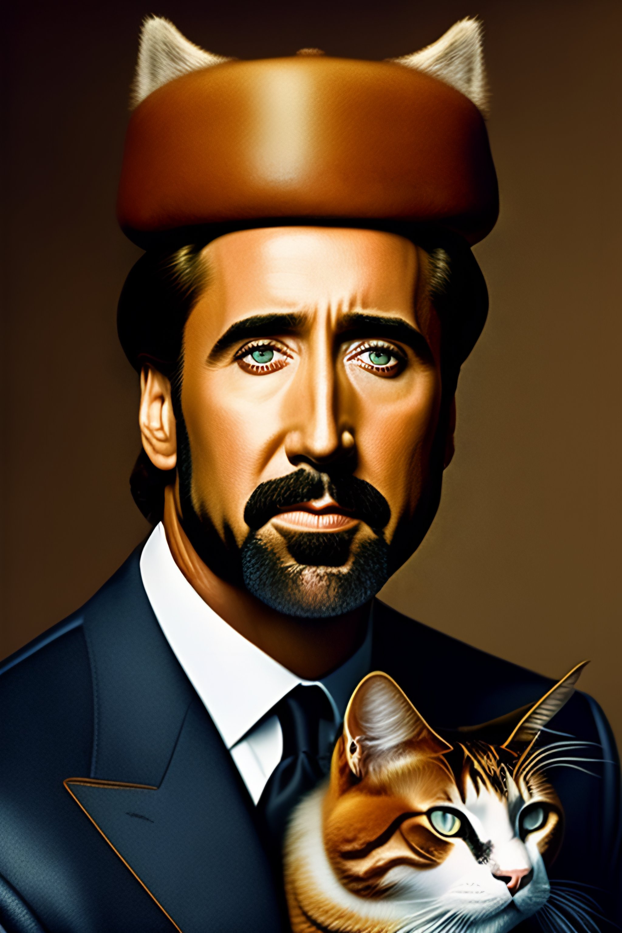 Lexica - Nicolas Cage with cat sitting on his head as a hat, portrait ...