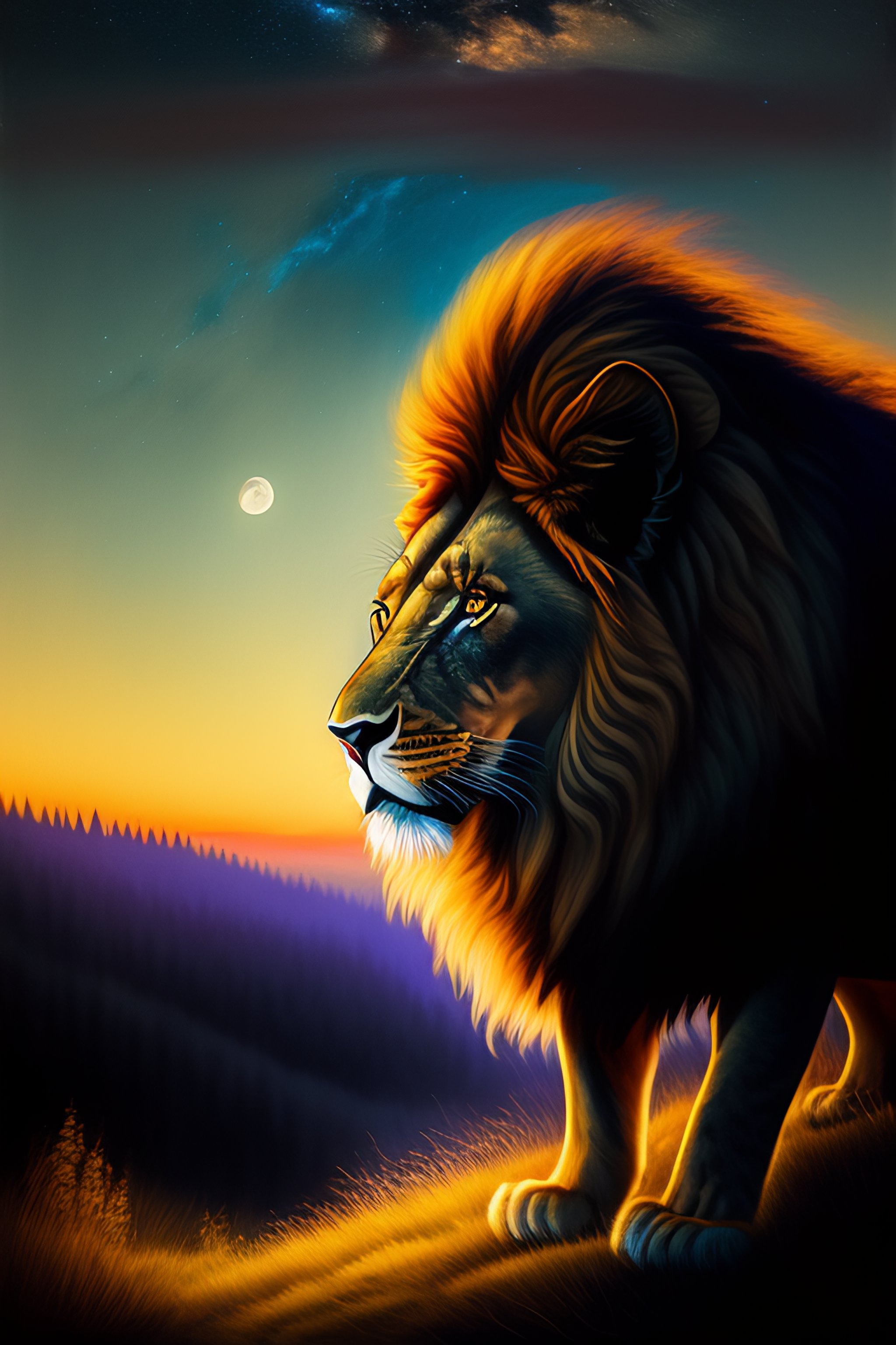 Lexica - Lion man and lycan on the hill, woods, night, fullmoon, realism