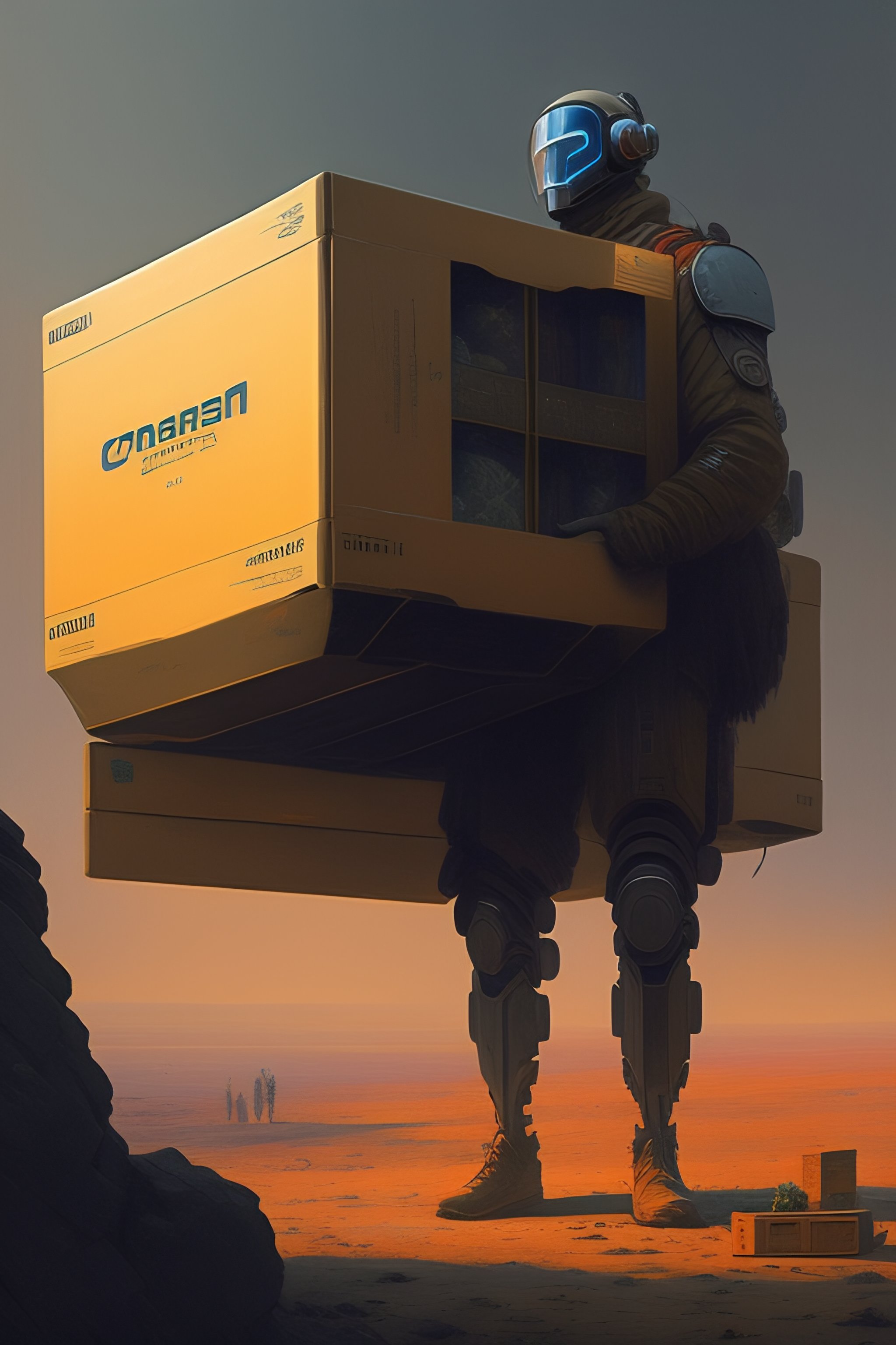 Lexica - A cyborg holding a cardboard box full of desk items at a desk ...