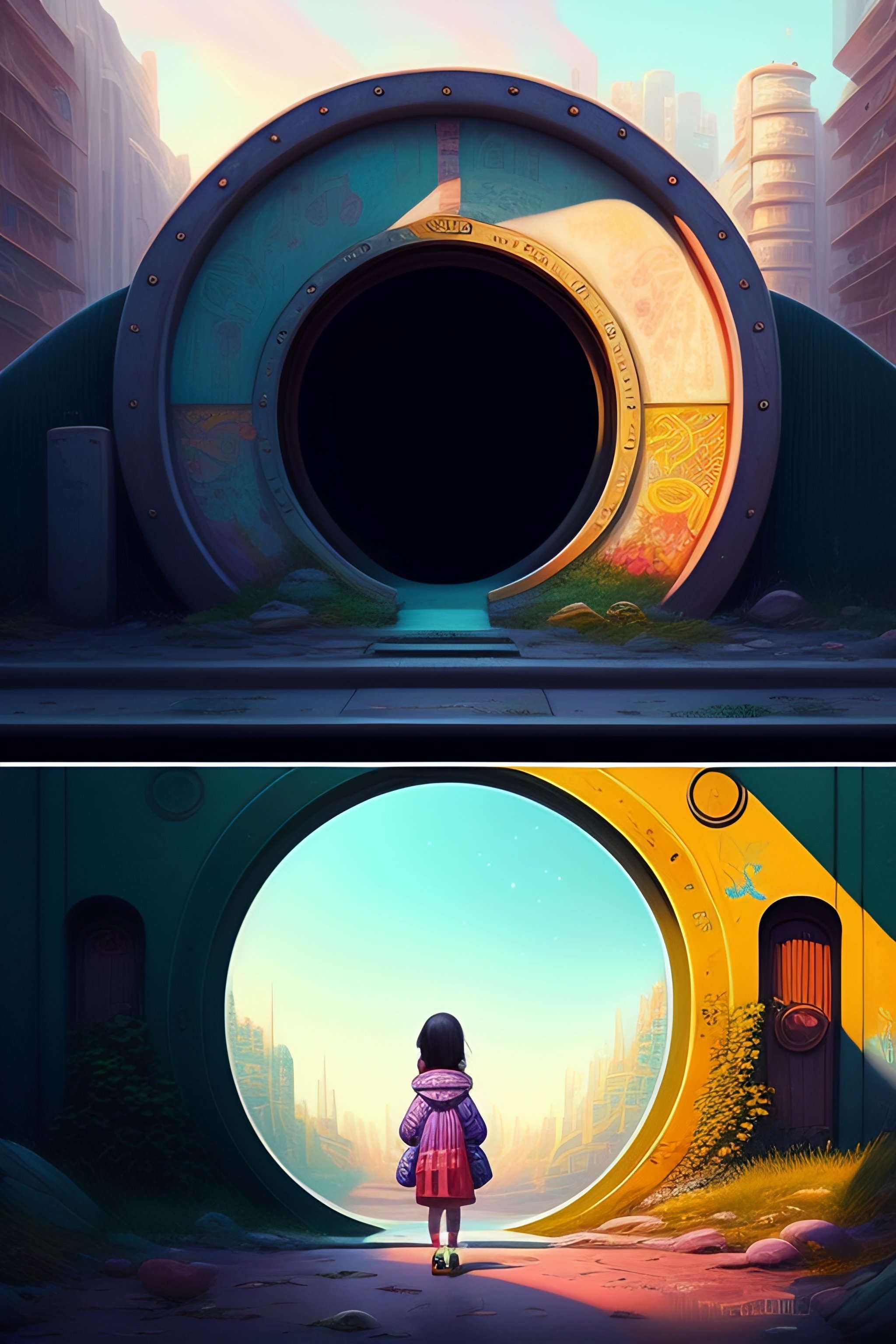 Lexica - A little girl on a dilapidated sidewalk looking through a ...