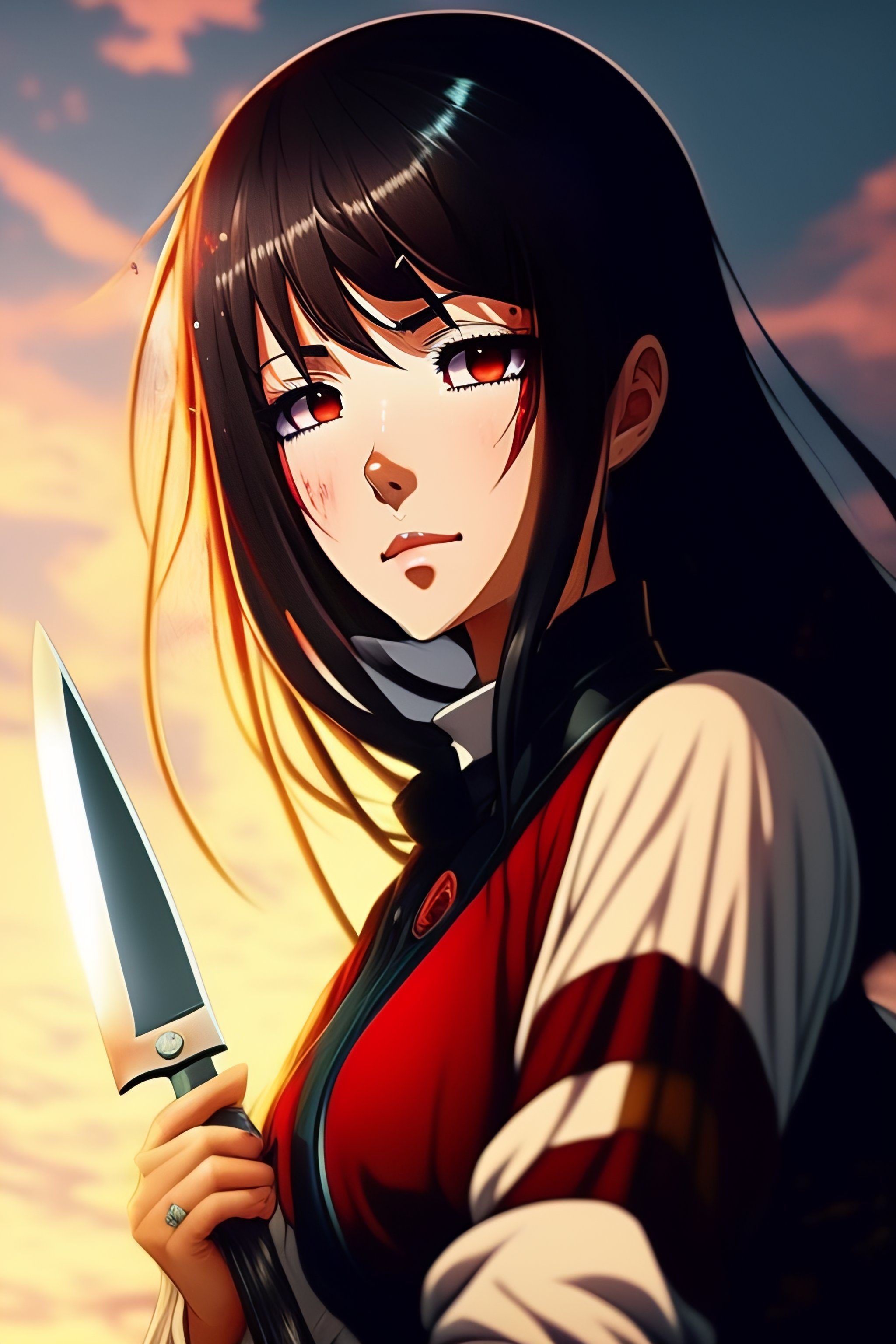 Lexica - Anime of a lady holding a knife crying with blood on her hands