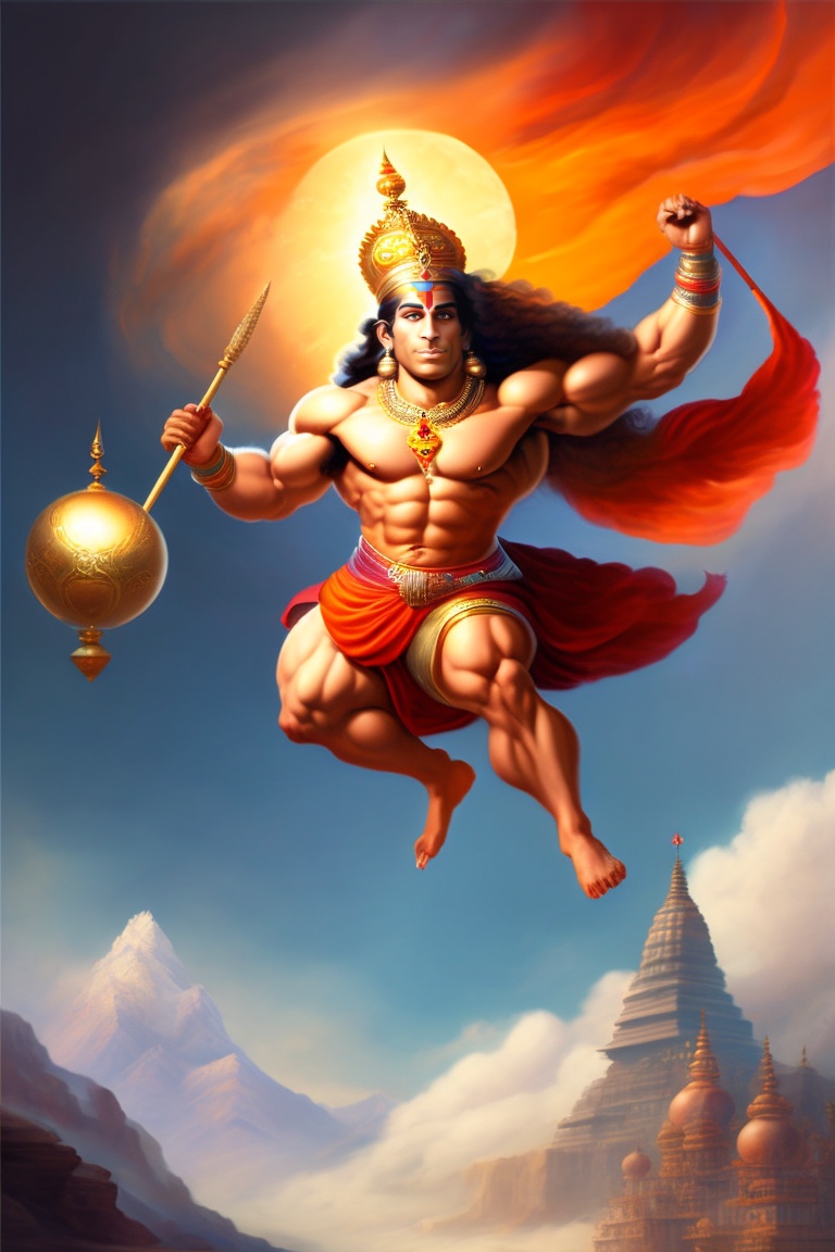 Lexica - Lord hanuman flying in the air, ultra hd, painting
