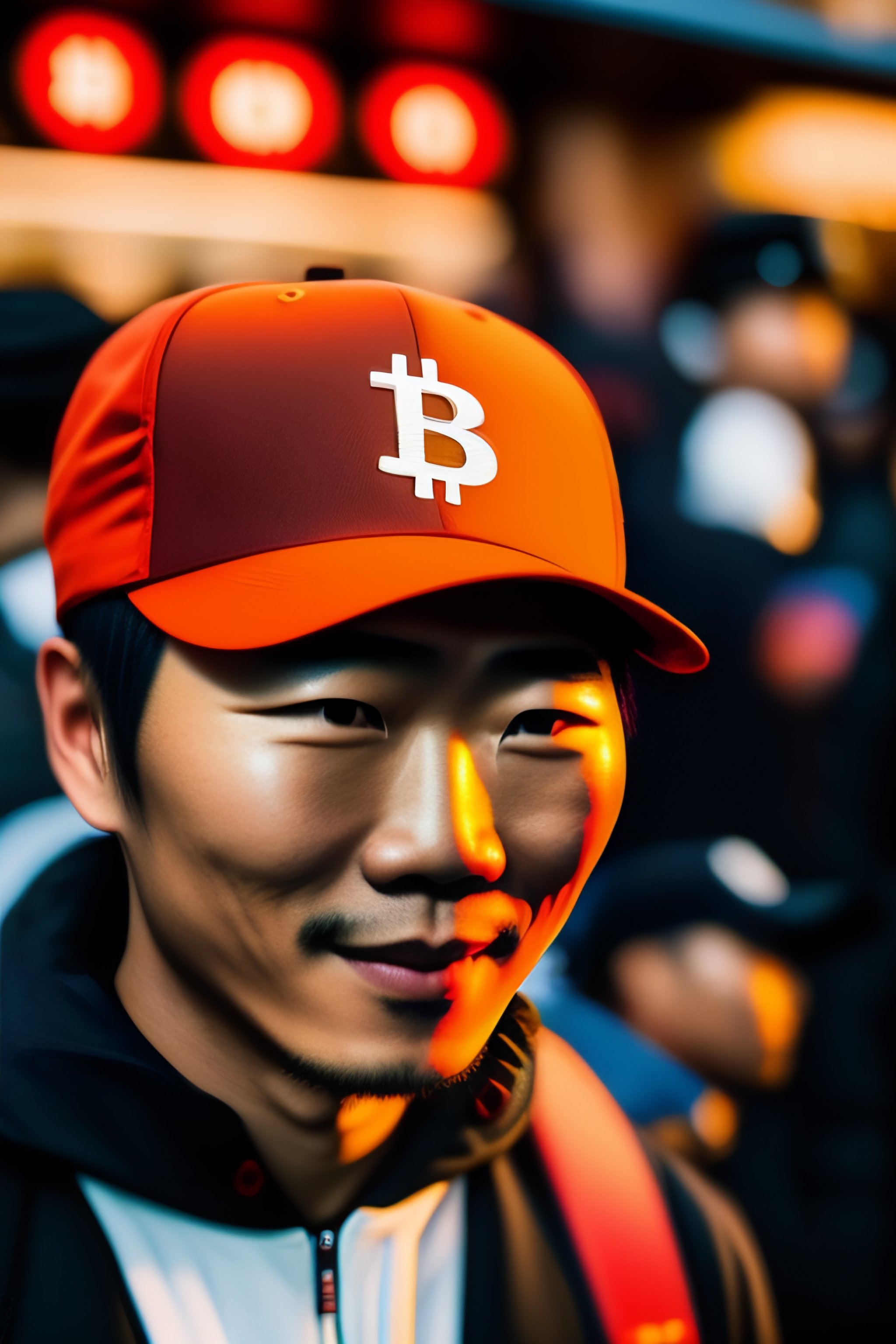 Lexica - ASIAN GUY WEARING A HAT WITH A BITCOIN LOGO ON IT IN TOKYO. IN ...