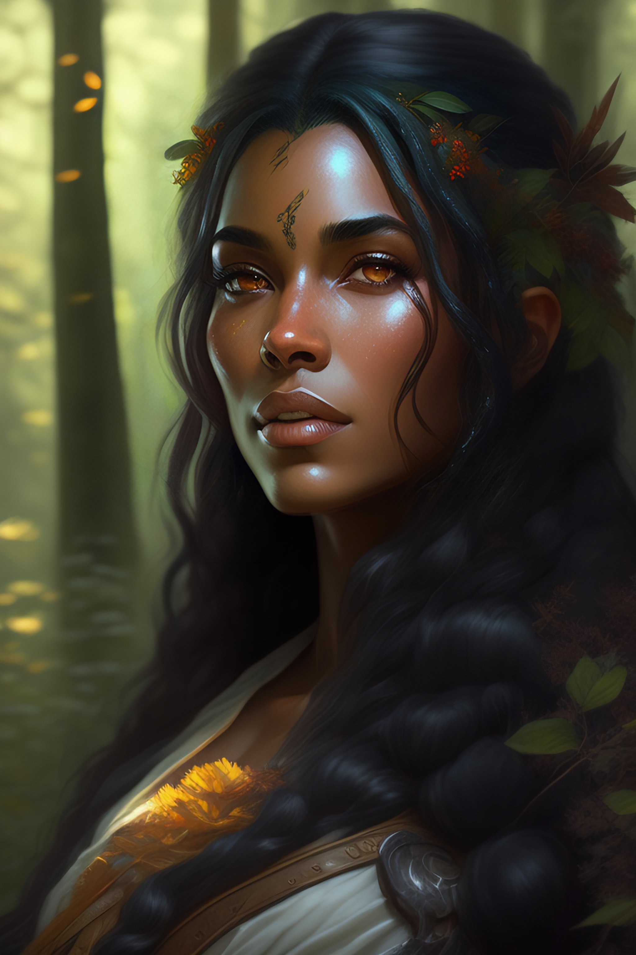 Lexica - A female dwarf, druid, dark gray hair, brown skin, summer ...