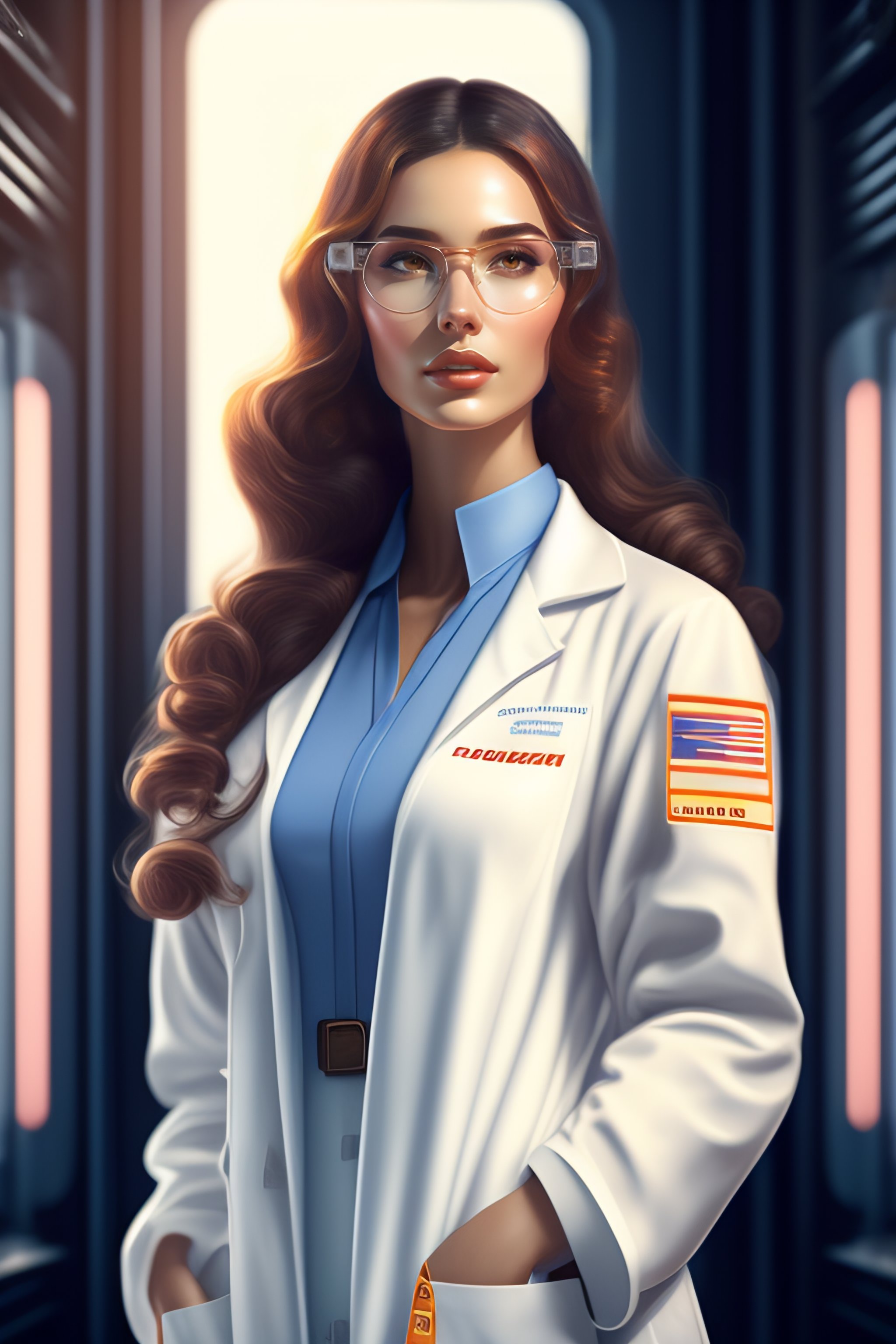 Lexica - Beautiful girl, wearing lab coat and glasses, holding a ...